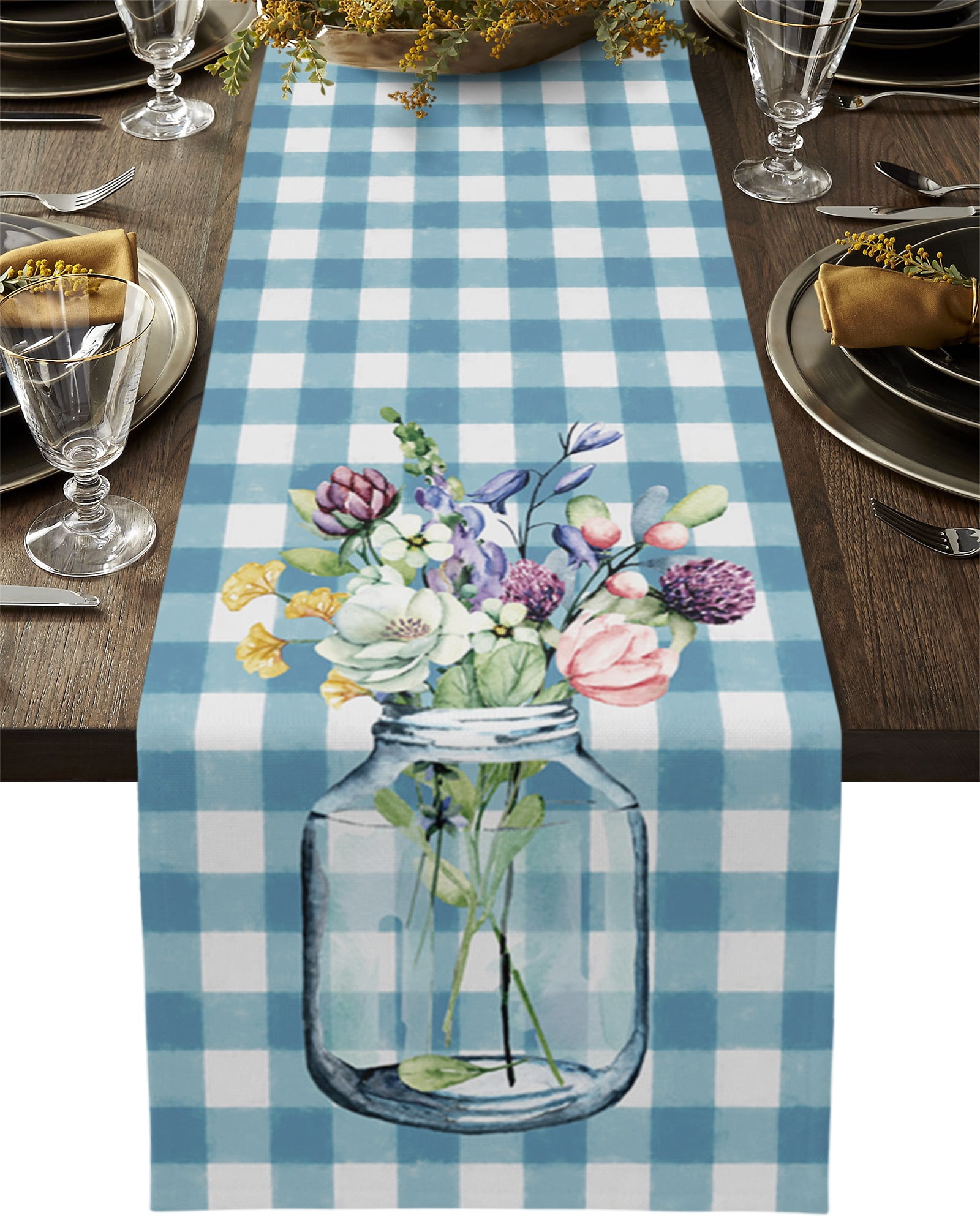Table Runner Dresser Scarves 36 Inch Long, Blossom Flower on Blue White ...