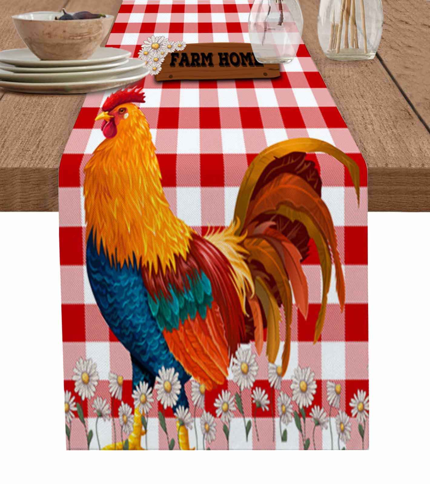 Table Runner Dresser Scarves 36 Inch Long, Farmhouse Rooster Daisy Buffalo Check Plaid Linen ...