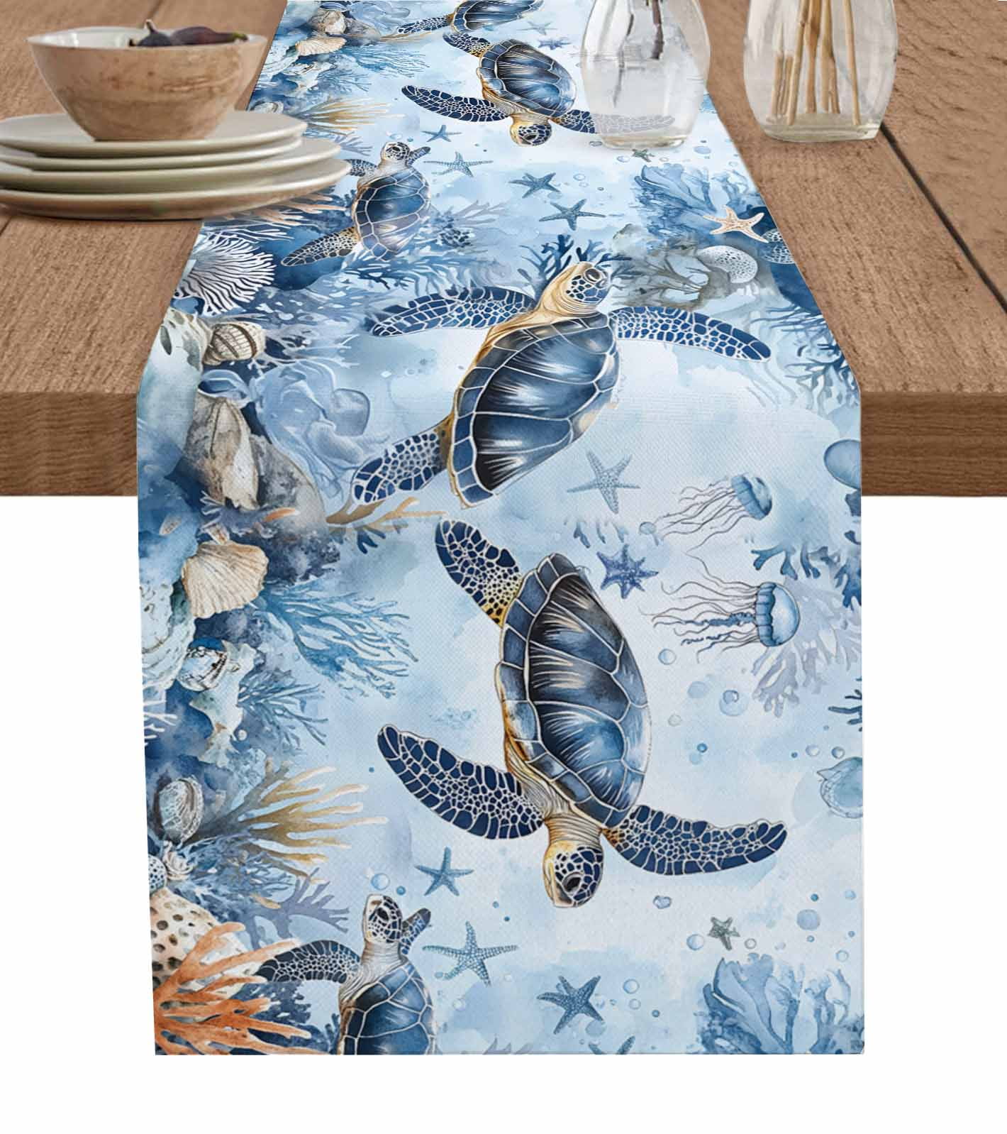 Table Runner Dresser Scarves 36 Inch Long,Ocean Life Sea Turtle Coral ...