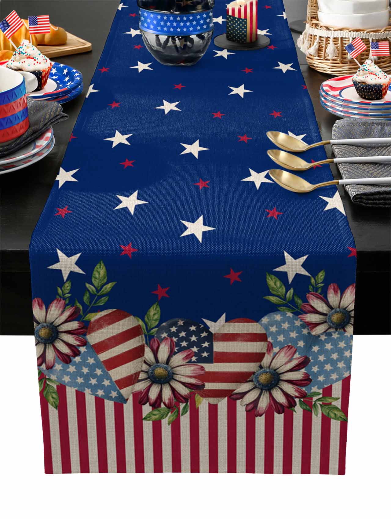Table Runner Dresser Scarves 36 Inch Long,Patriotic Heart Flower Star ...