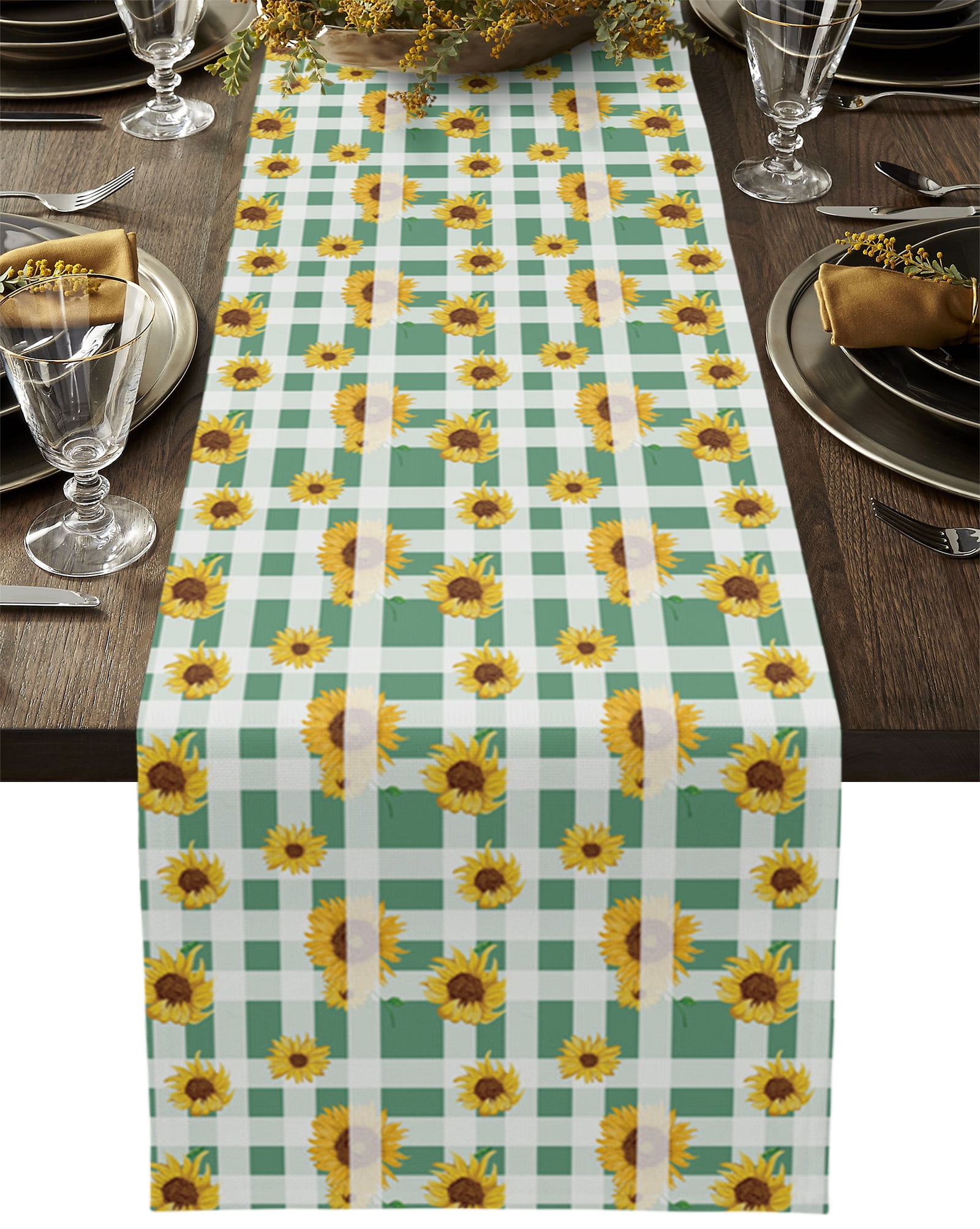Table Runner Dresser Scarves 48 Inch Long, Farm Rustic Yellow Sunflower Linen Dining Table ...