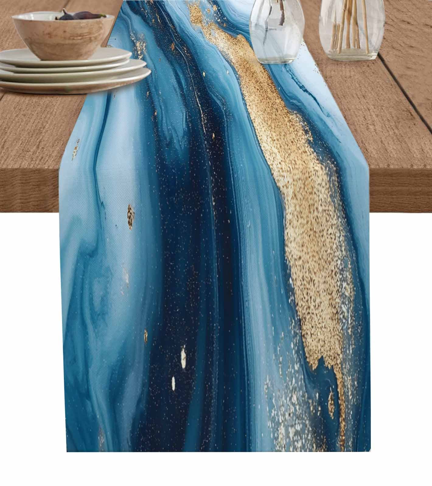 Table Runner Dresser Scarves 48 Inch Long,Natural Marble Blue Gold ...