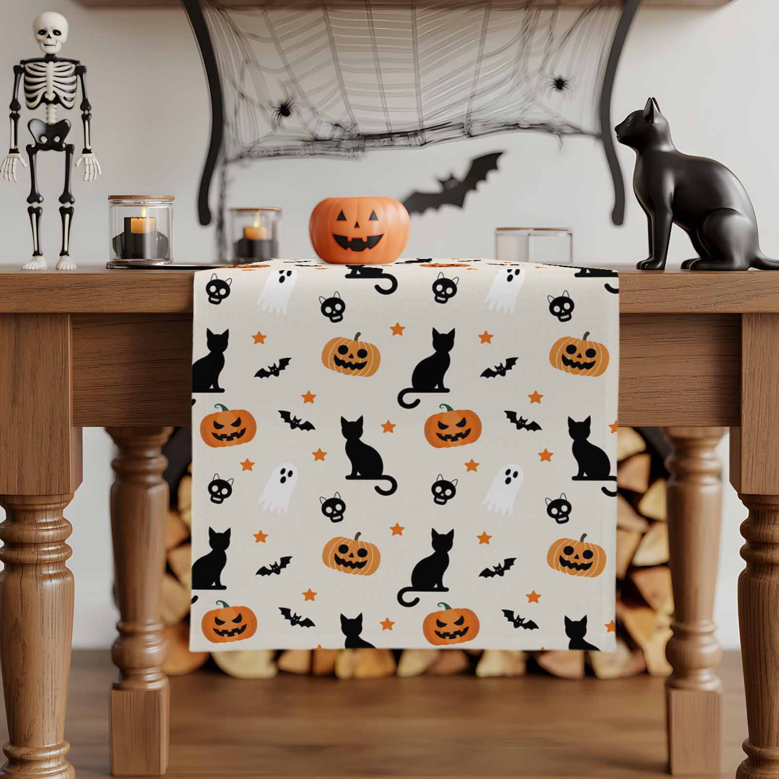 Table Runner Dresser Scarves 48 Inch Long,Pumpkin Black Cat Ghost Skull ...