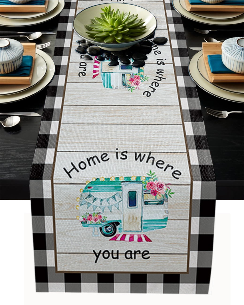 Table Runner Dresser Scarves 48 Inch Long, Watercolor Camping RV and Flowers Linen Dining Table ...