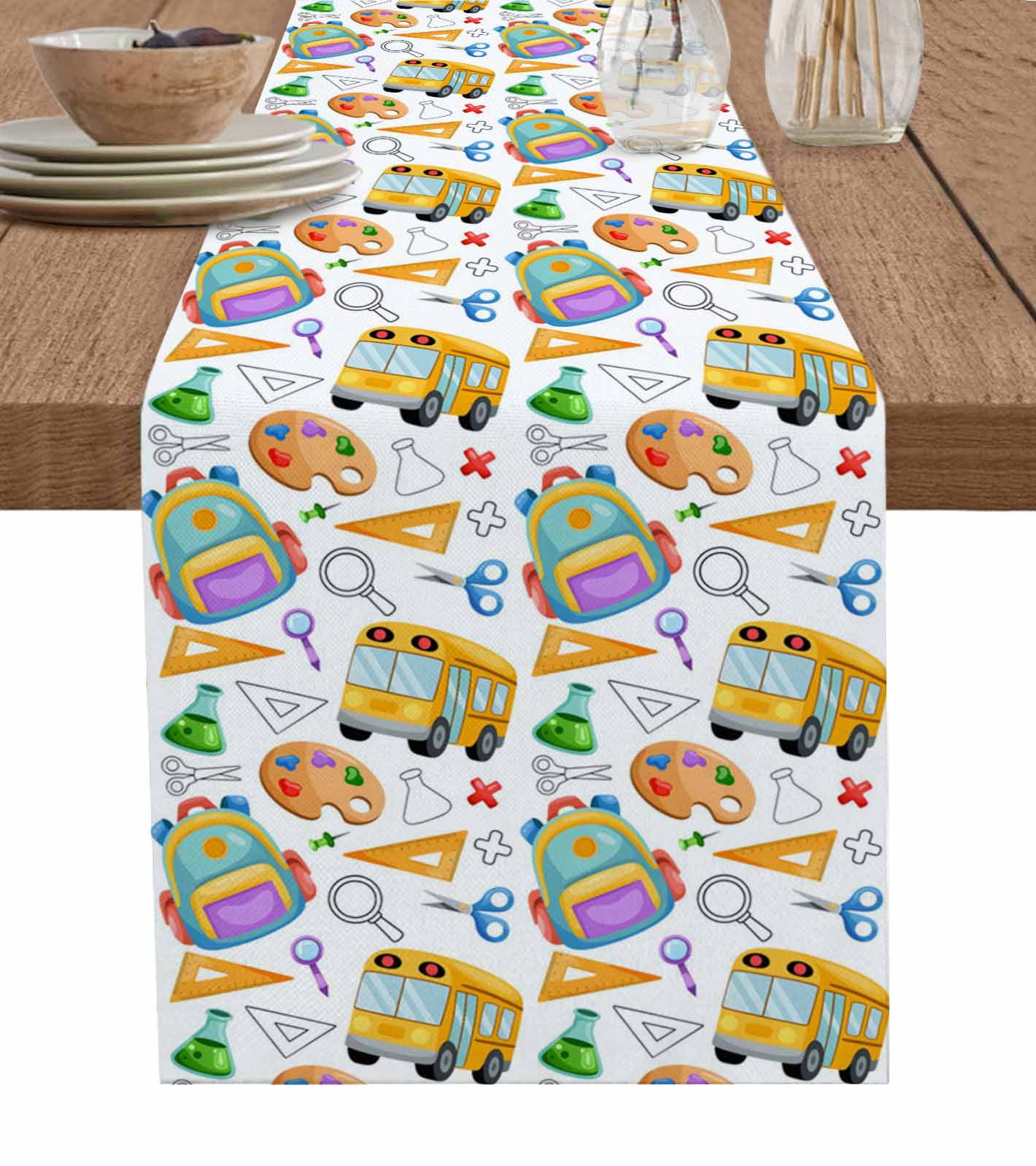 Table Runner Dresser Scarves 60 Inch Long,Back to School Bus Bag Ruler Linen Dining Table ...