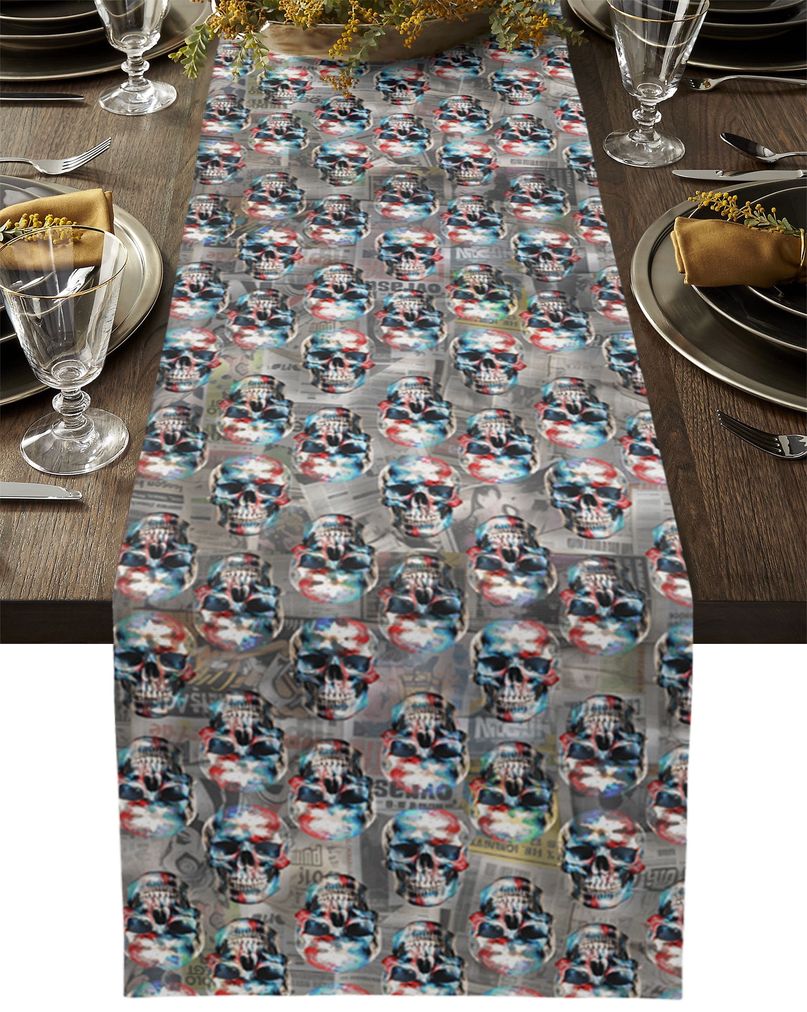 Table Runner Dresser Scarves 60 Inch Long, Halloween Seamless Skull ...