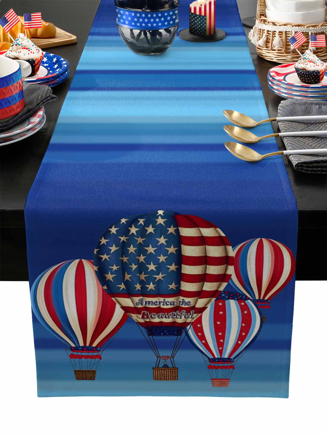 Table Runner Dresser Scarves 60 Inch Long,Patriotic Hot Air Balloon Star Stripe Linen Dining ...