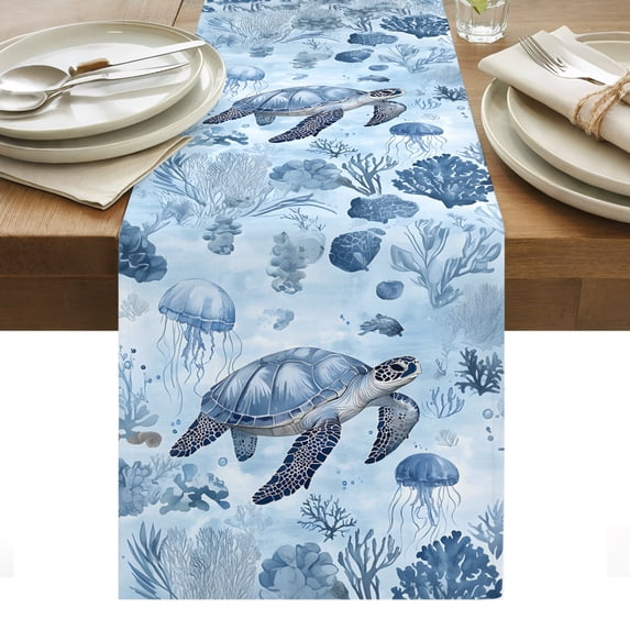 Table Runner Dresser Scarves 60 Inch Long,Sea Turtle Jellyfish Blue ...