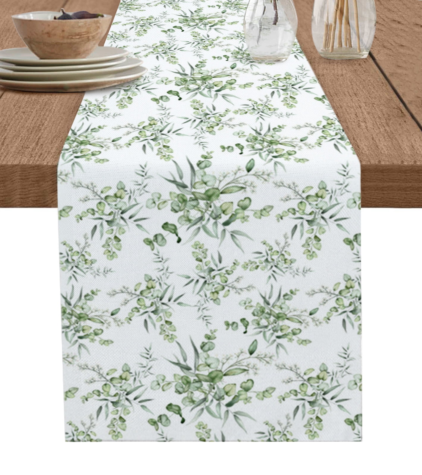 Table Runner Dresser Scarves 60 Inch Long, Spring Eucalyptus Bamboo Leaves Linen Dining Table ...