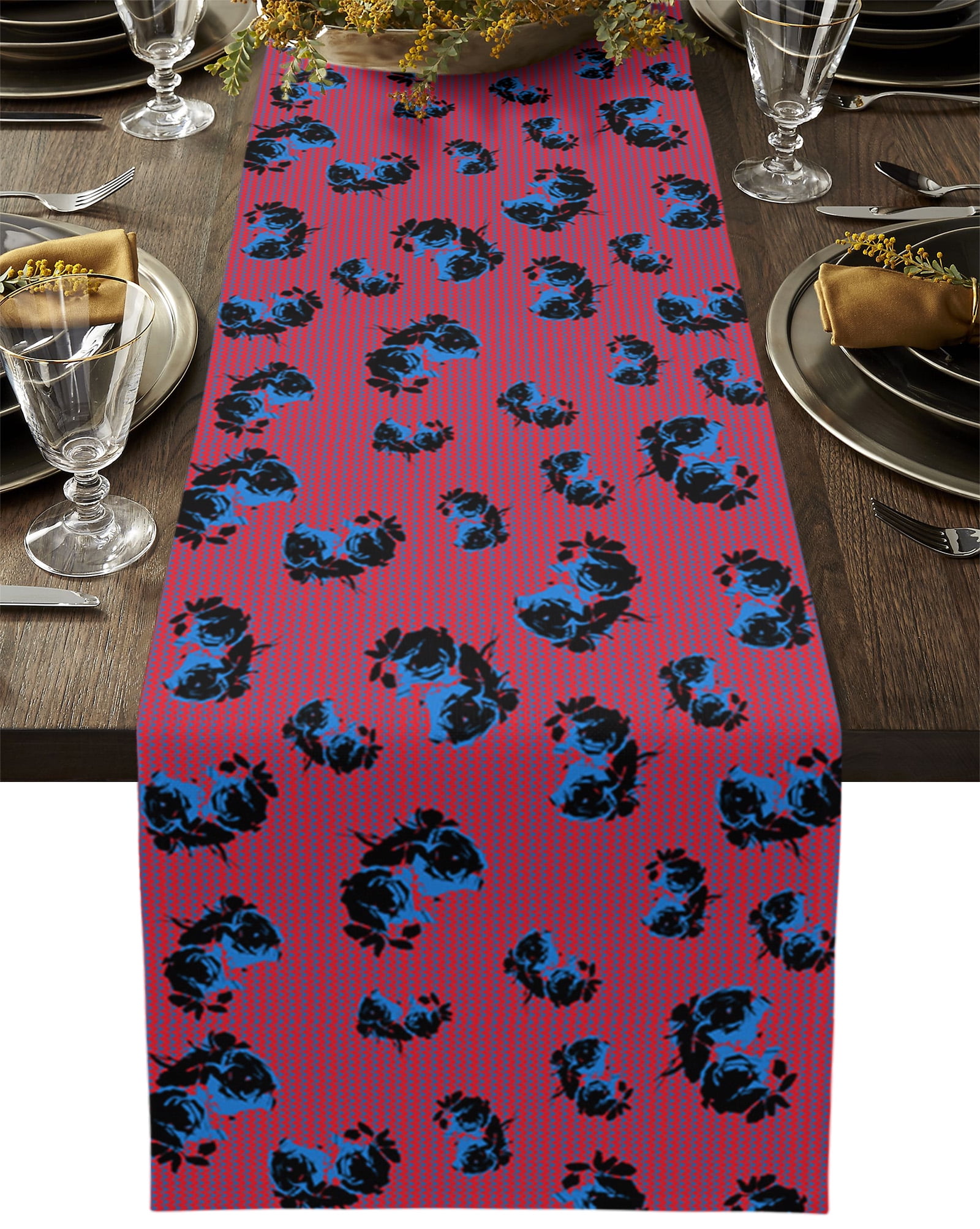 Table Runner Dresser Scarves 70 Inch Long, Abstract Blue Black Flower ...