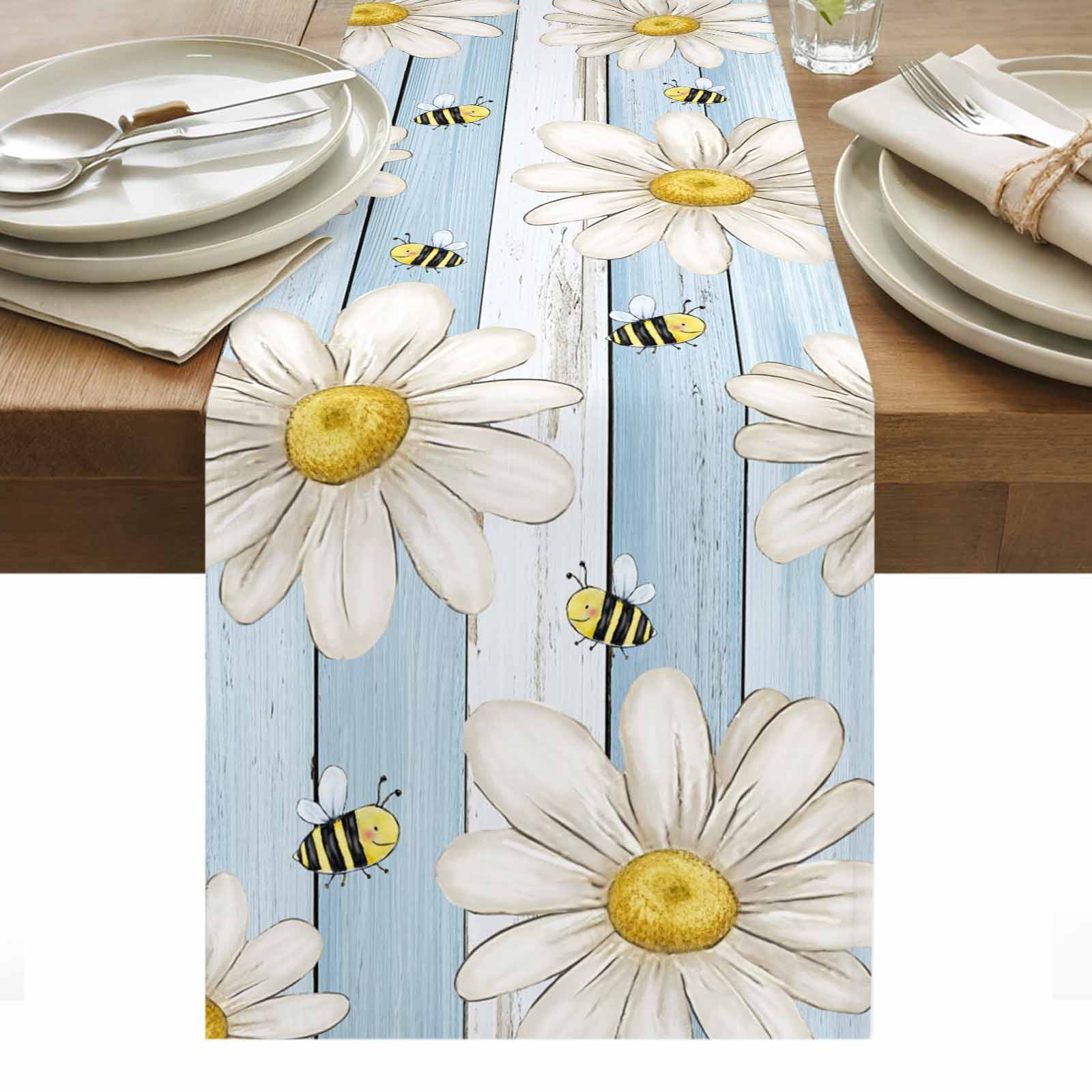 Table Runner Dresser Scarves 70 Inch Long,Farm White Daisy Bees Linen ...