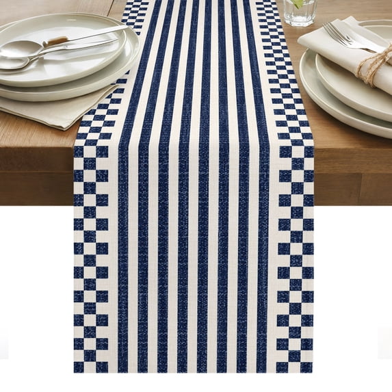 Table Runner Dresser Scarves 70 Inch Long,Navy Blue Striped Plaid Linen ...