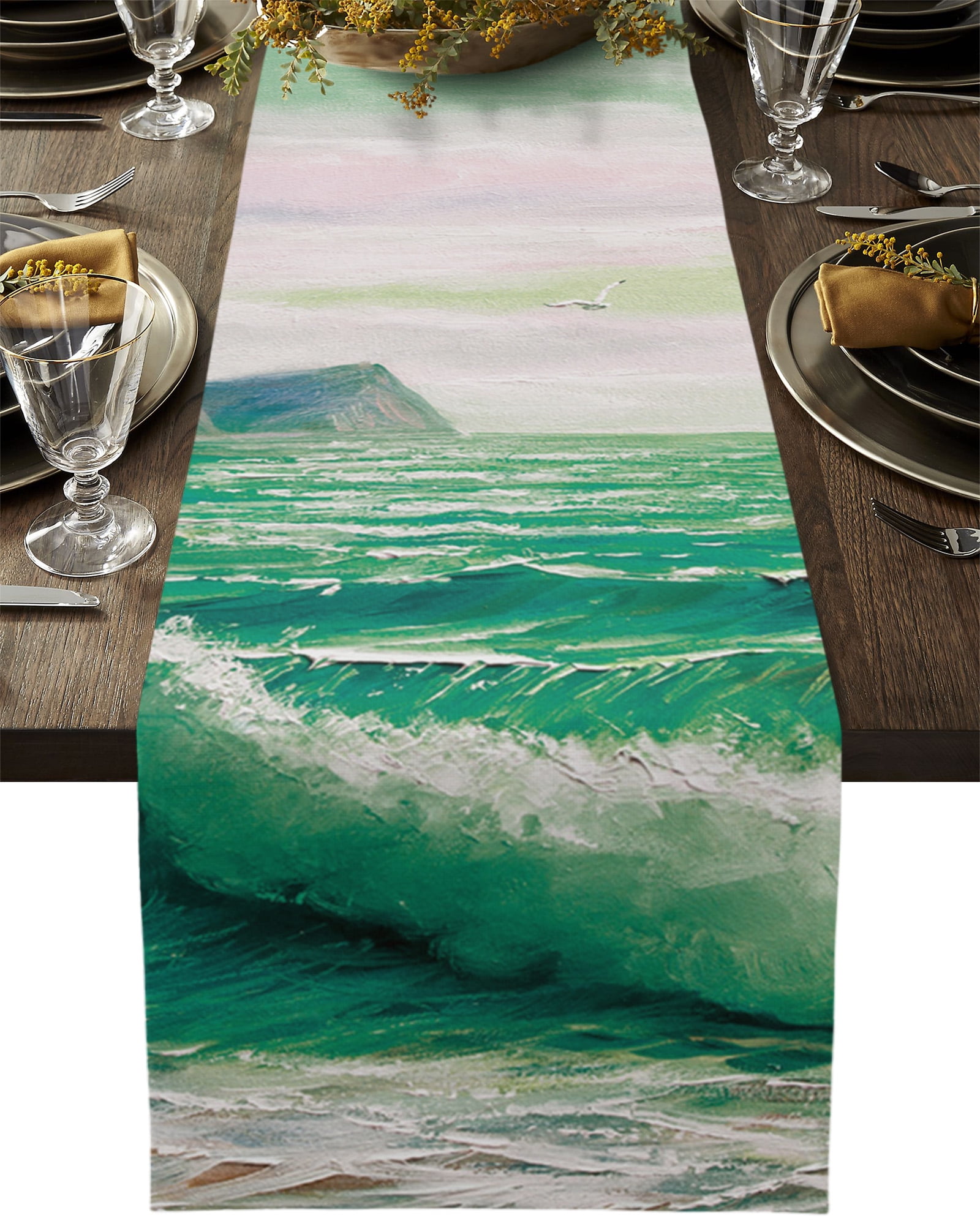 Table Runner Dresser Scarves 70 Inch Long, Oil Painting Green Ocean Artwork Linen Dining Table ...