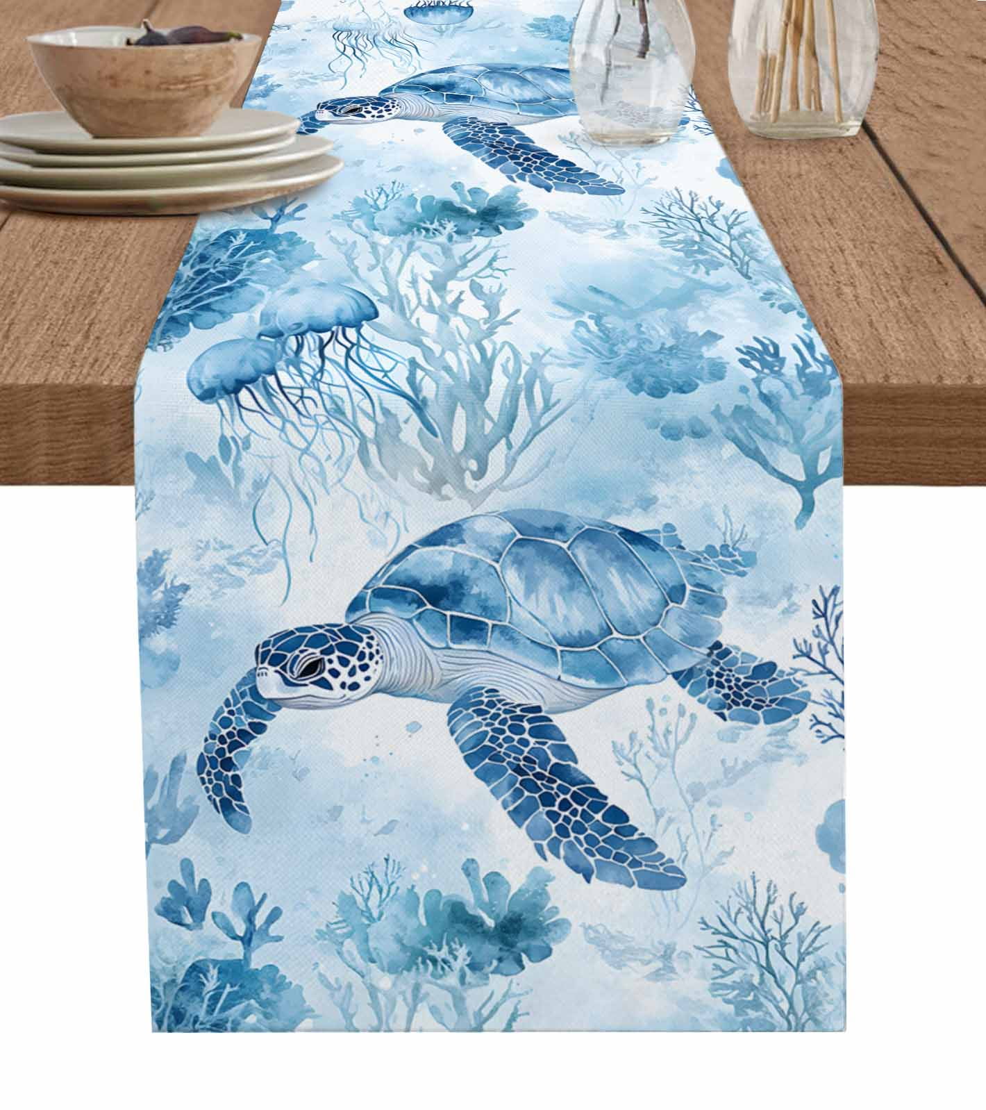 Table Runner Dresser Scarves 70 Inch Long,Watercolor Blue Marine Sea Turtle Linen Dining Table ...