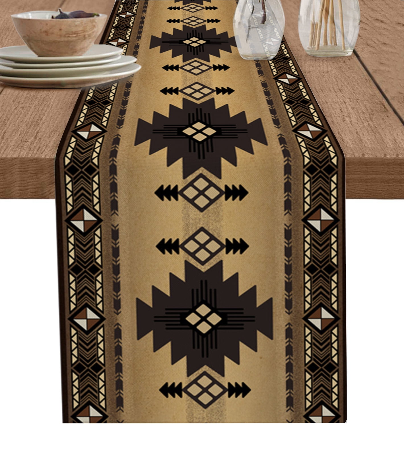 Table Runner Dresser Scarves 72 Inch Long, Aztec Ethnic on Brown Linen ...
