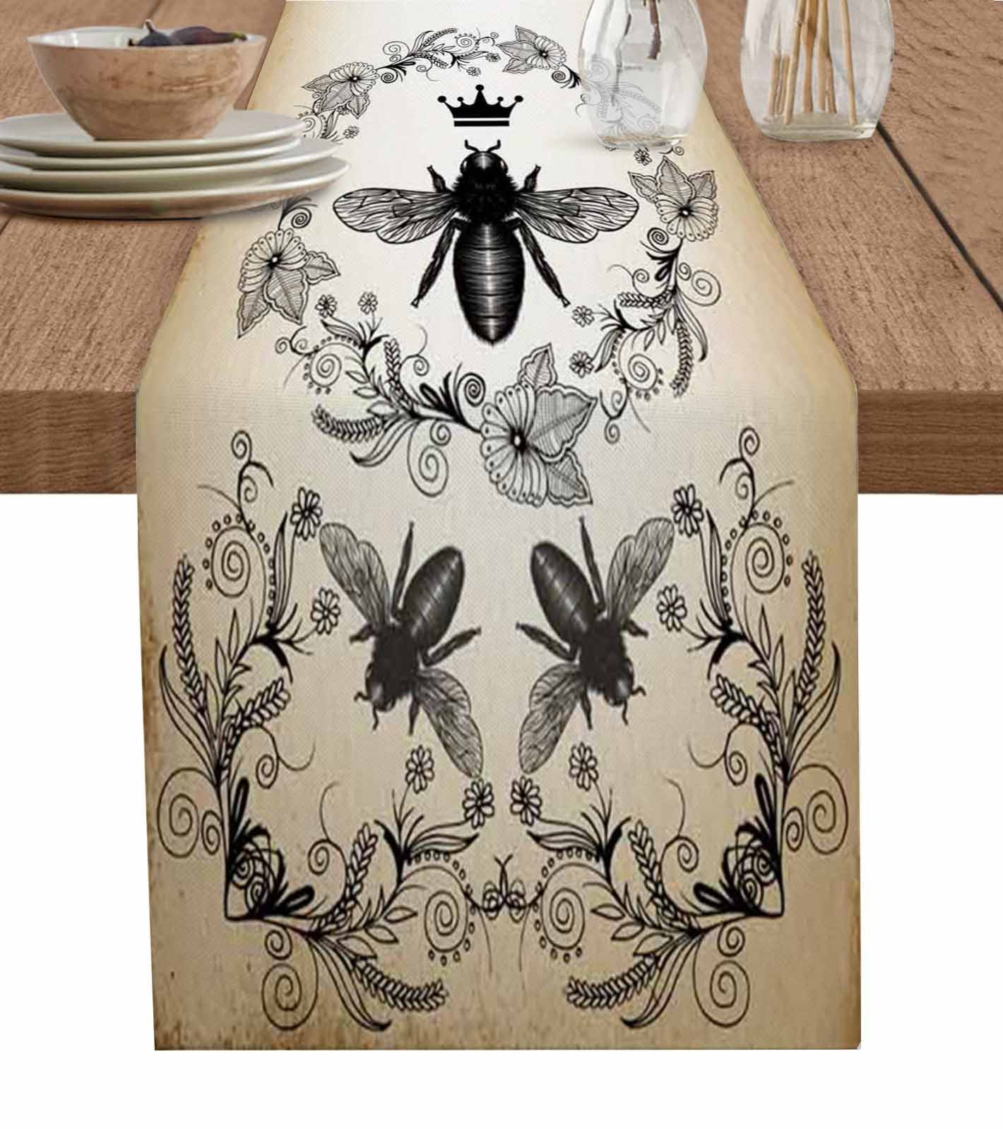 Table Runner Dresser Scarves 72 Inch Long, Bee King and Flowers Sketch ...