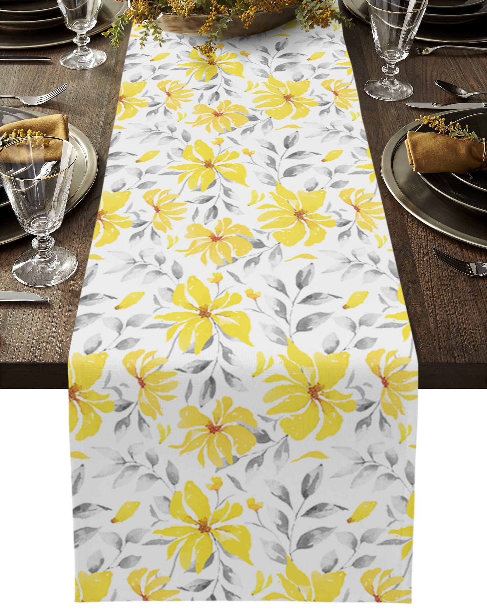 Table Runner Dresser Scarves 72 Inch Long, Blossom Yellow Floral Gray ...