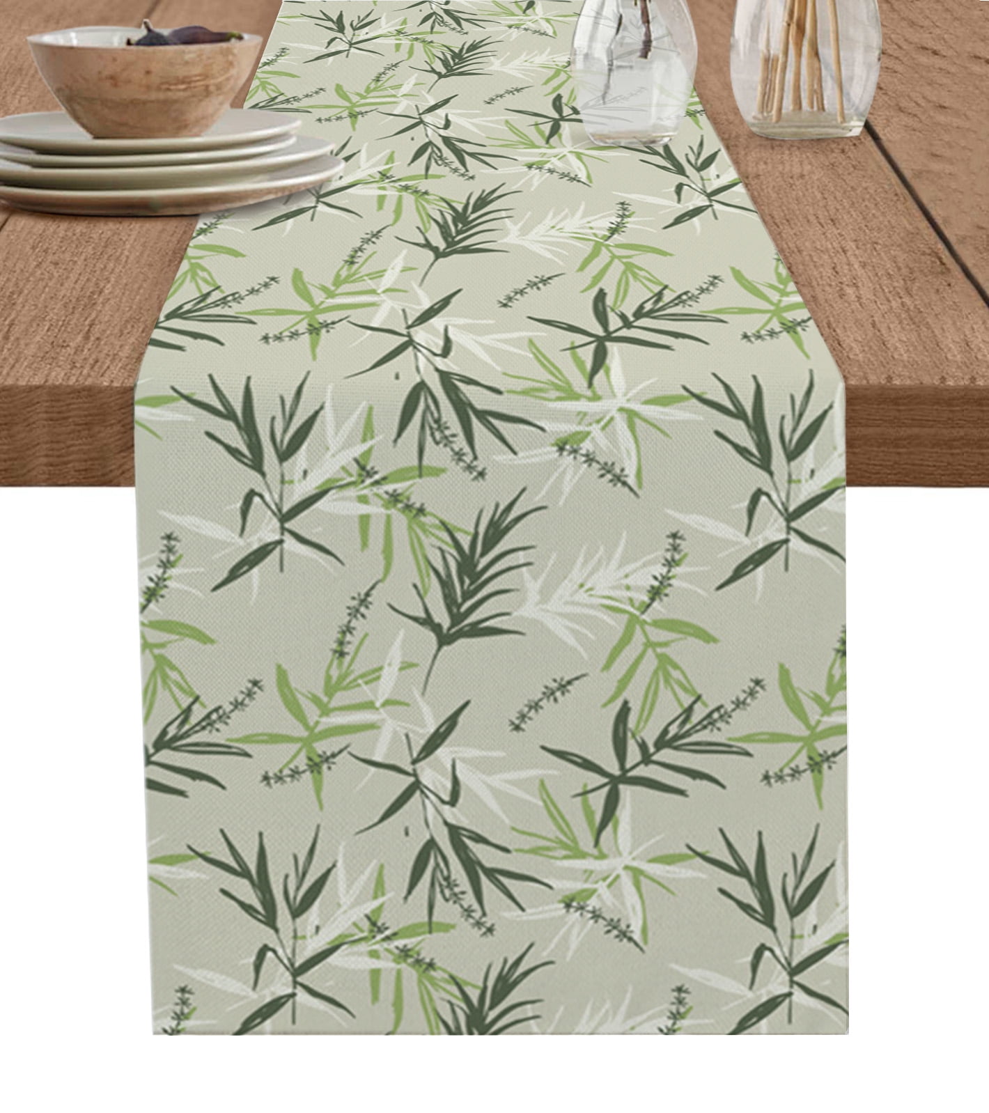 Table Runner Dresser Scarves 72 Inch Long, Chinese Green Bamboo Leaves Print Linen Dining Table ...