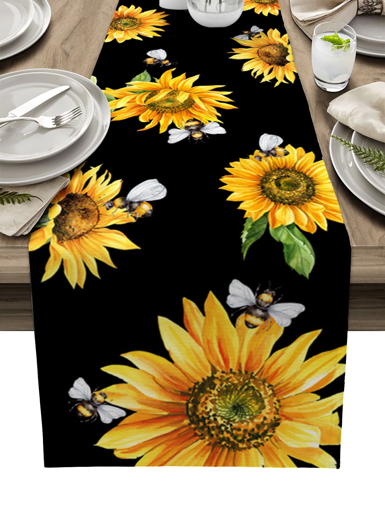 Table Runner Dresser Scarves 72 Inch Long, Farm Sunflowers Bee Linen Dining Table Runners ...