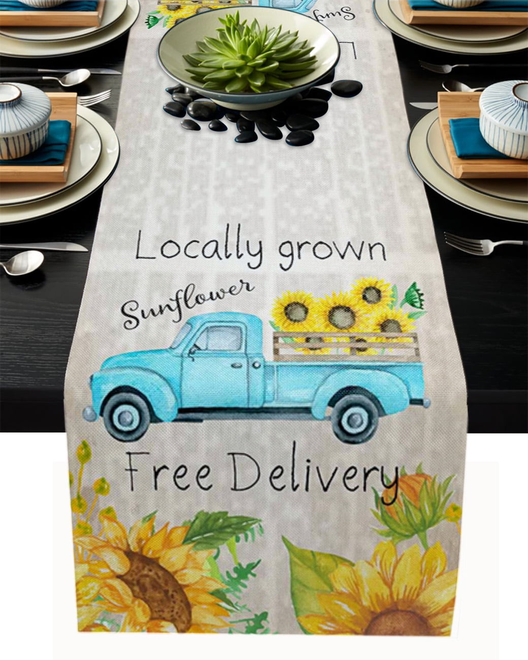 Table Runner Dresser Scarves 72 Inch Long, Farm Teal Truck Sunflower on ...