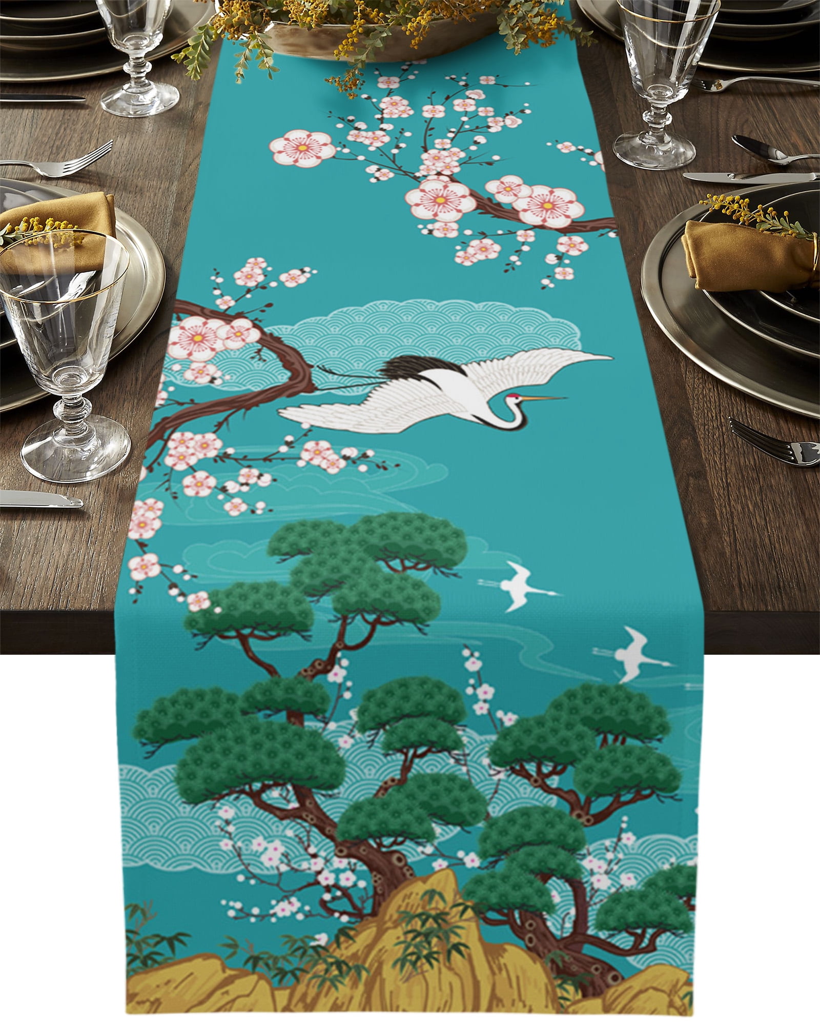 Table Runner Dresser Scarves 72 Inch Long, Japanese Retro Abstract Crane Pine Tree Linen Dining ...