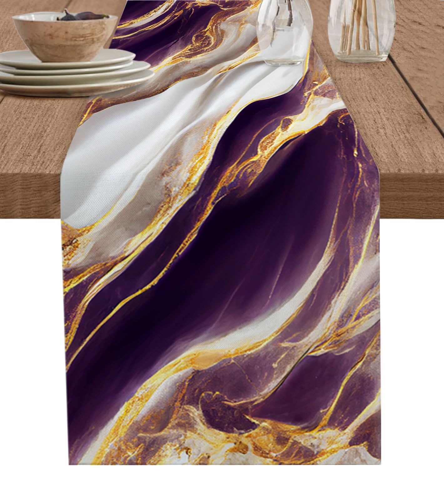 Table Runner Dresser Scarves 72 Inch Long, Purple Gold White Marble Texture Linen Dining Table ...