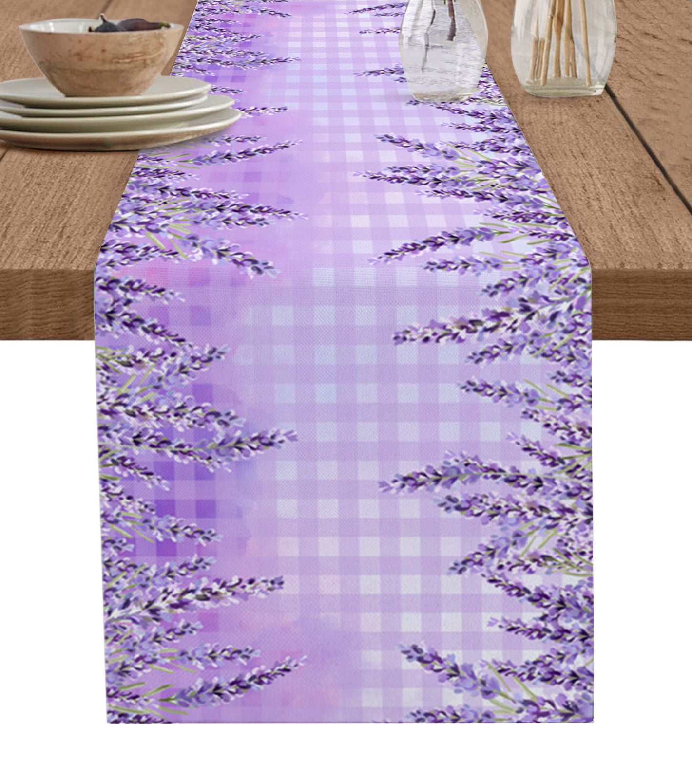 Table Runner Dresser Scarves 72 Inch Long, Spring Watercolor Purple Lavender Linen Dining Table ...