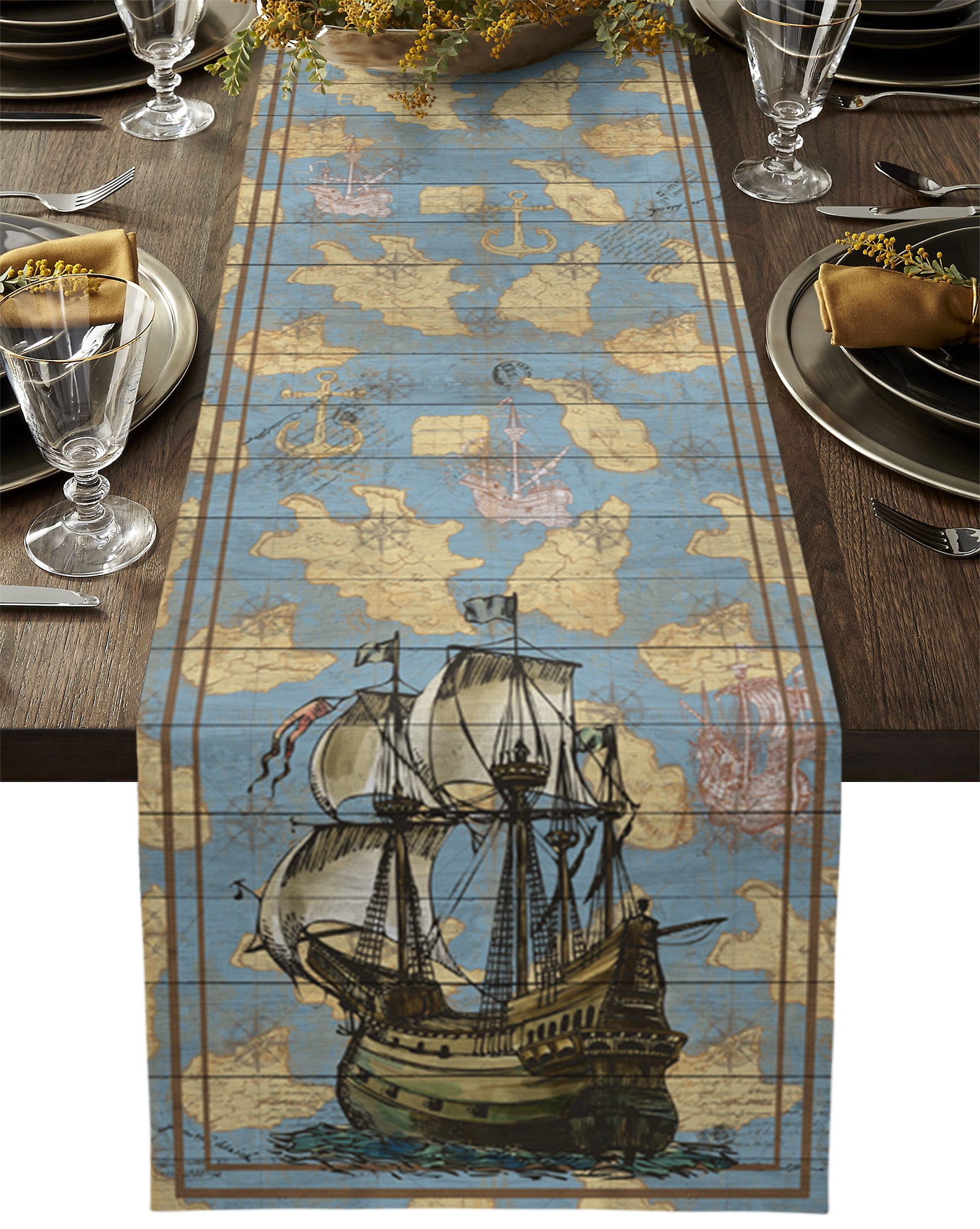 Table Runner Dresser Scarves 72 Inch Long, Vintage Nautical Sailboat ...