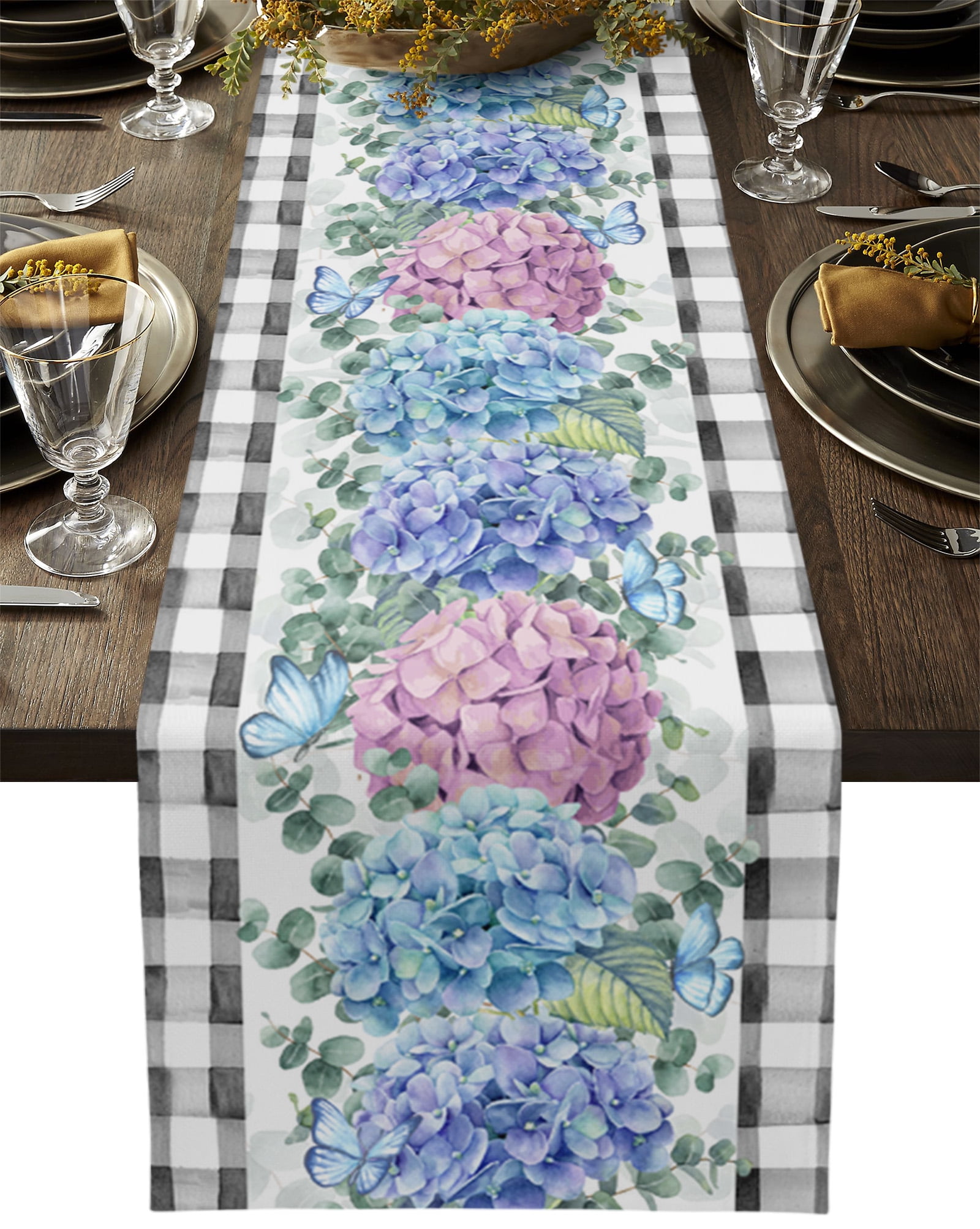 Table Runner Dresser Scarves 72 Inch Long, Watercolor Hydrangea and Foliage Linen Dining Table ...