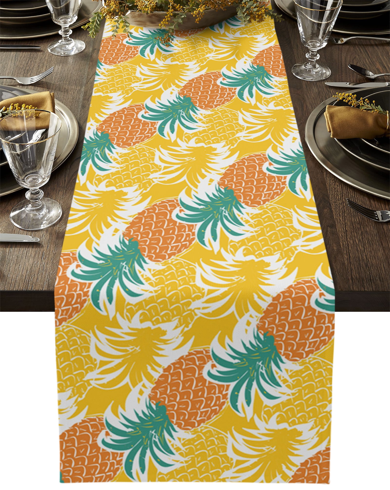 Table Runner Dresser Scarves 72 Inch Long, Watercolor Summer Pineapple Sketch Linen Dining Table ...