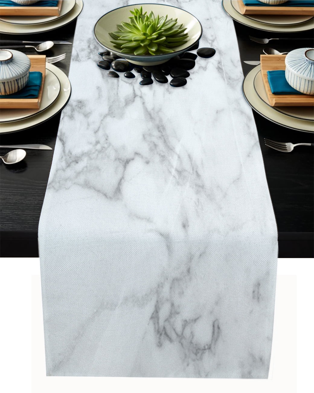 Table Runner Dresser Scarves 72 Inch Long, White and Grey Marble Stone ...
