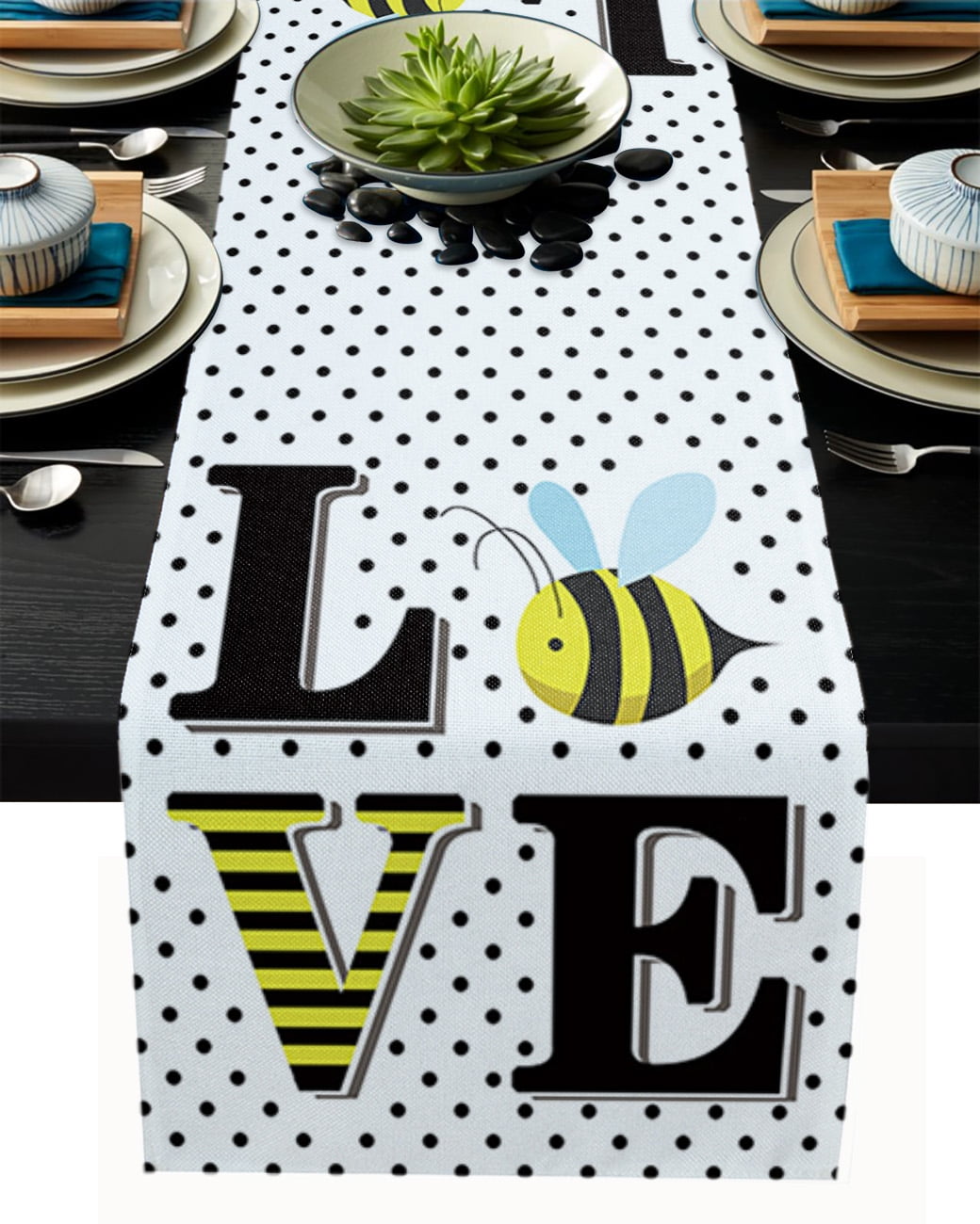 Table Runner Dresser Scarves 90 Inch Long, Abstract Stripe Black Dots Linen Dining Table Runners ...