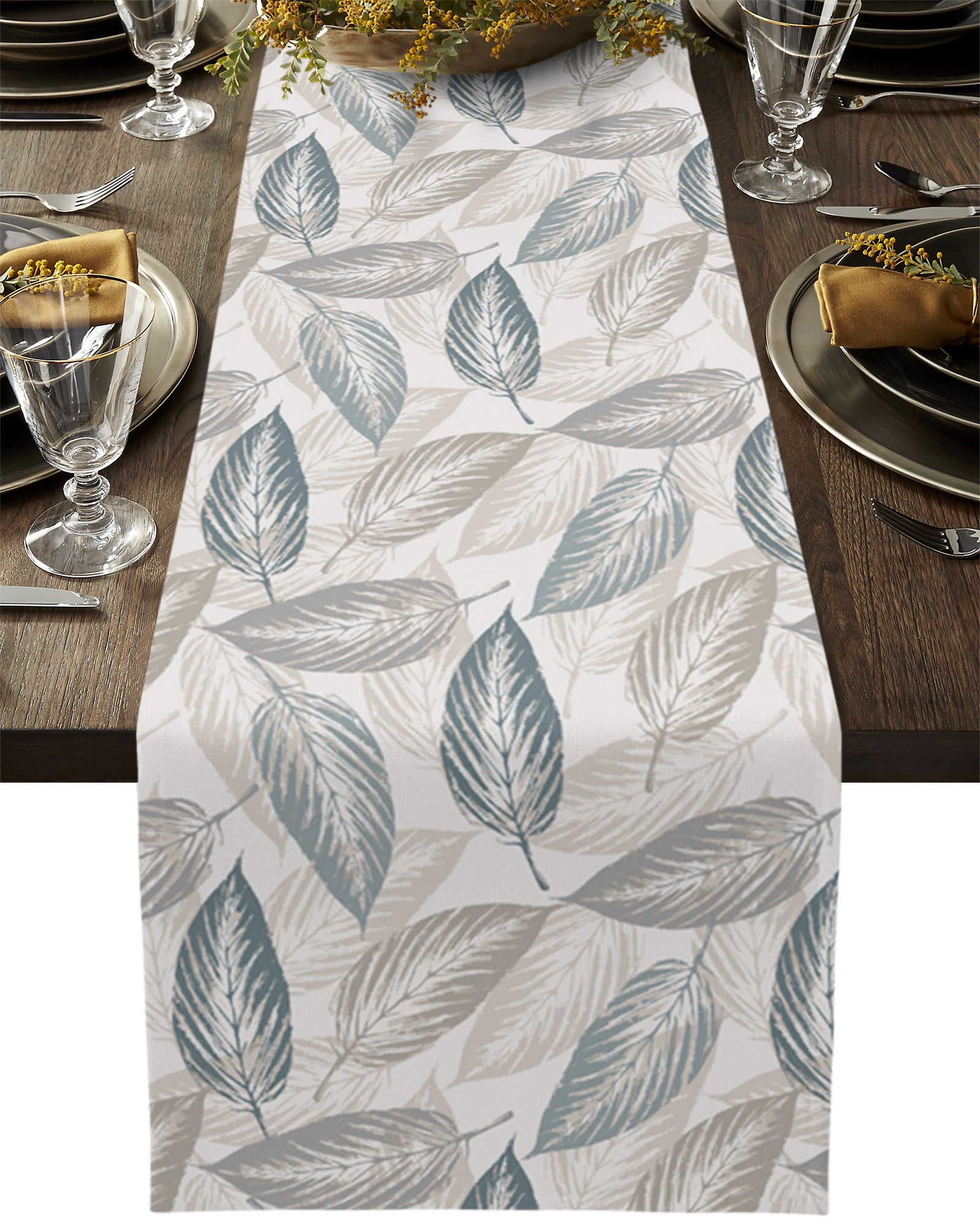 Table Runner Dresser Scarves 90 Inch Long, Gray Blue Botanical Leaves ...
