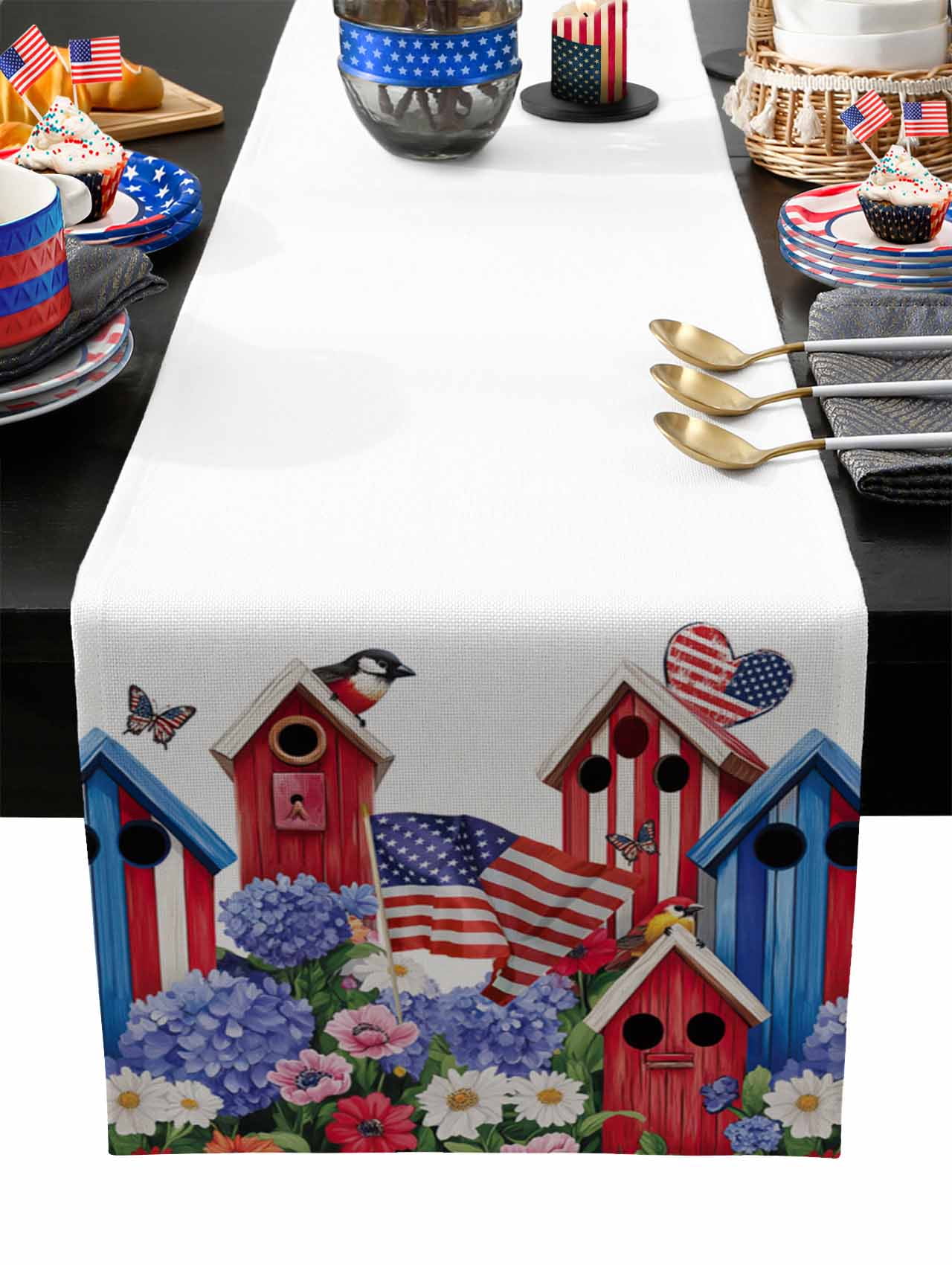 Table Runner Dresser Scarves 90 Inch Long,Independence Day Birdhouse Butterfly Flowers Linen ...