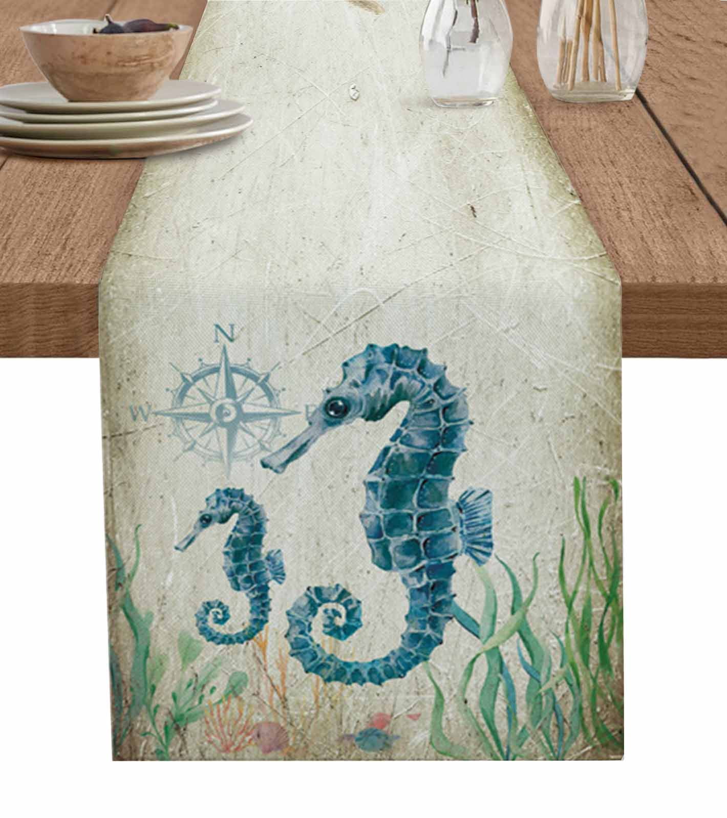 Table Runner Dresser Scarves 90 Inch Long, Nautical Compass Seahorse ...