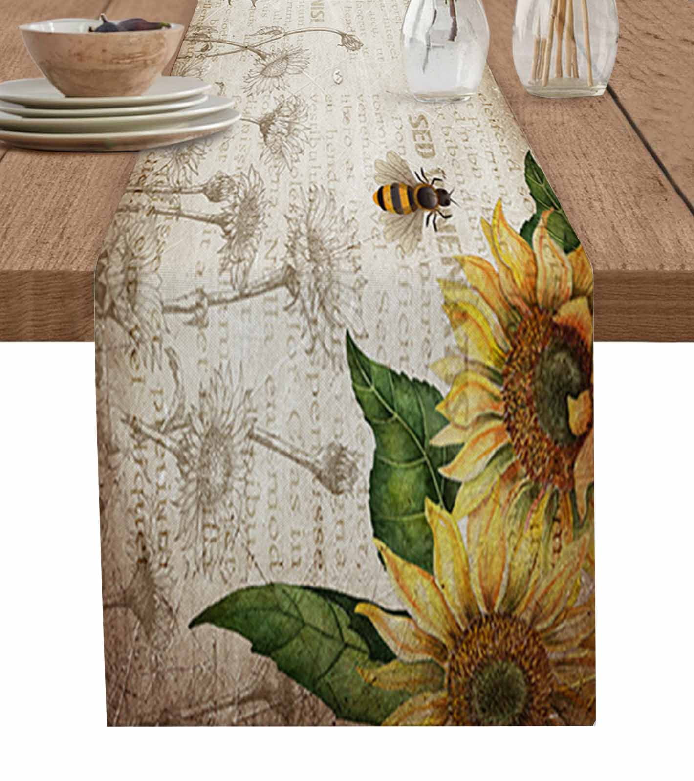 Table Runner Dresser Scarves 90 Inch Long, Sunflower Bee Dragonfly and Butterfly Linen Dining ...