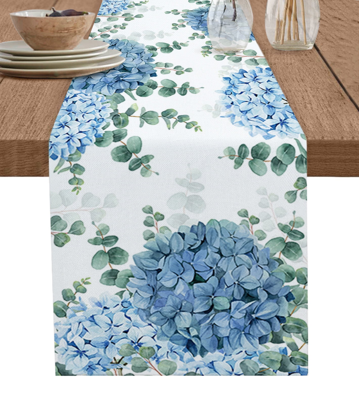 Table Runner Dresser Scarves 90 Inch Long, Watercolor Blue Hydrangea Flower Linen Dining Table ...