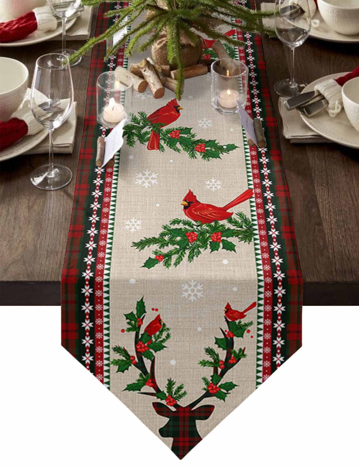 Table Runner Dresser Scarves Christmas Elk Cardinal Bird Cotton Linen ...