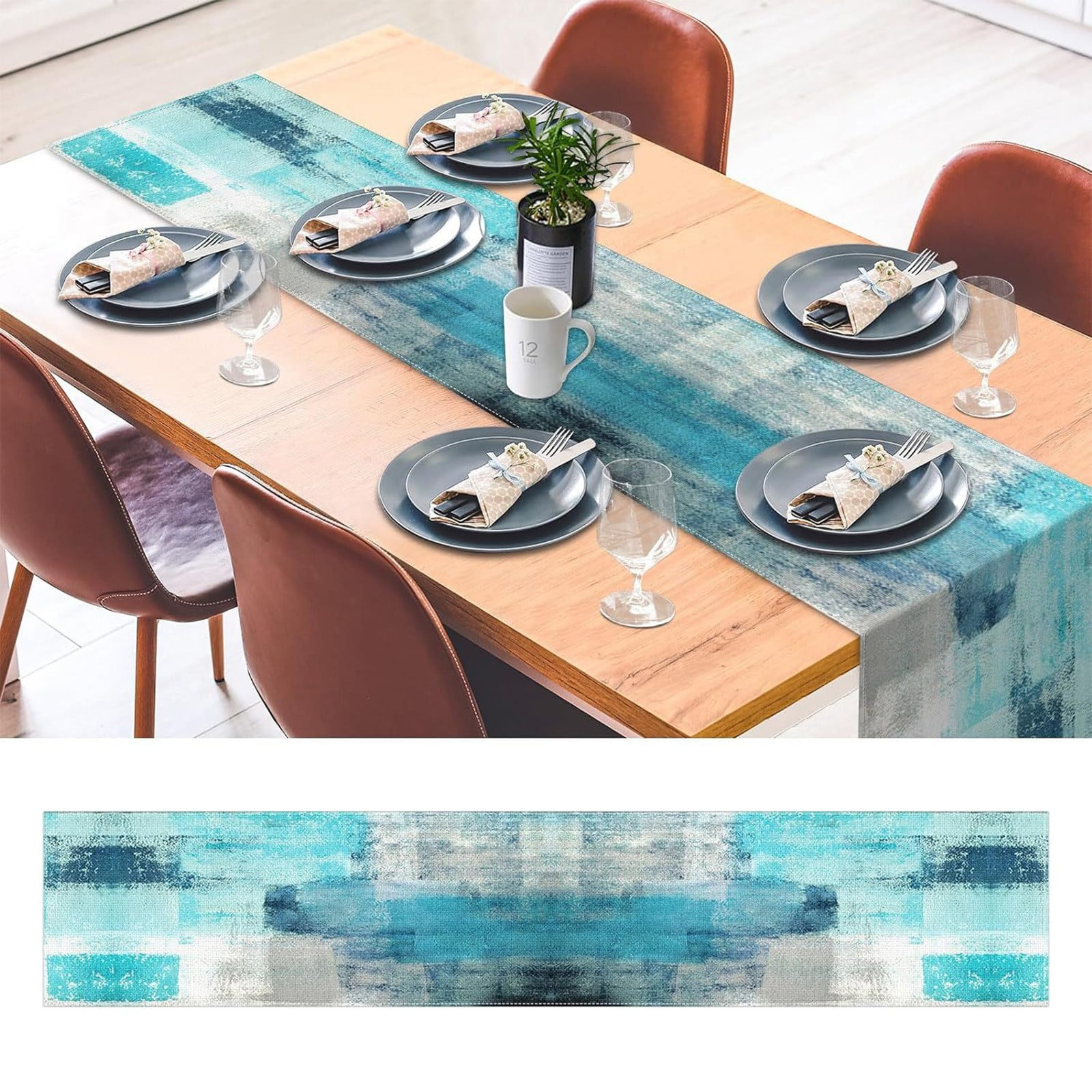 Table Runner Dresser Scarves, Turquoise and Grey Abstract Art Dining ...