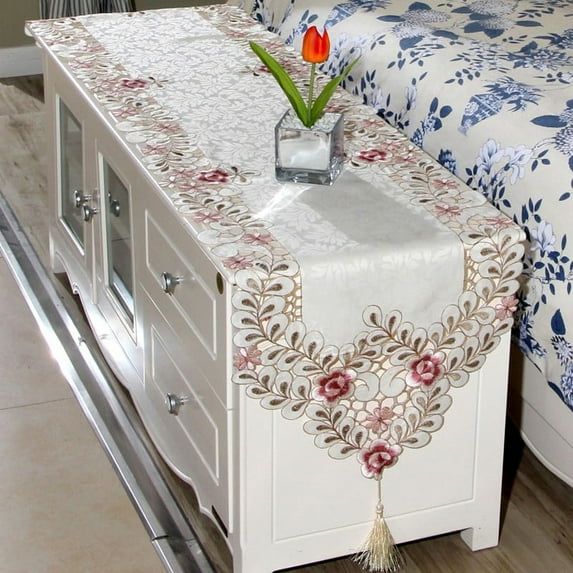 Table Runner Embroidered Floral Lace Fabric Translucent Gauze Table ...