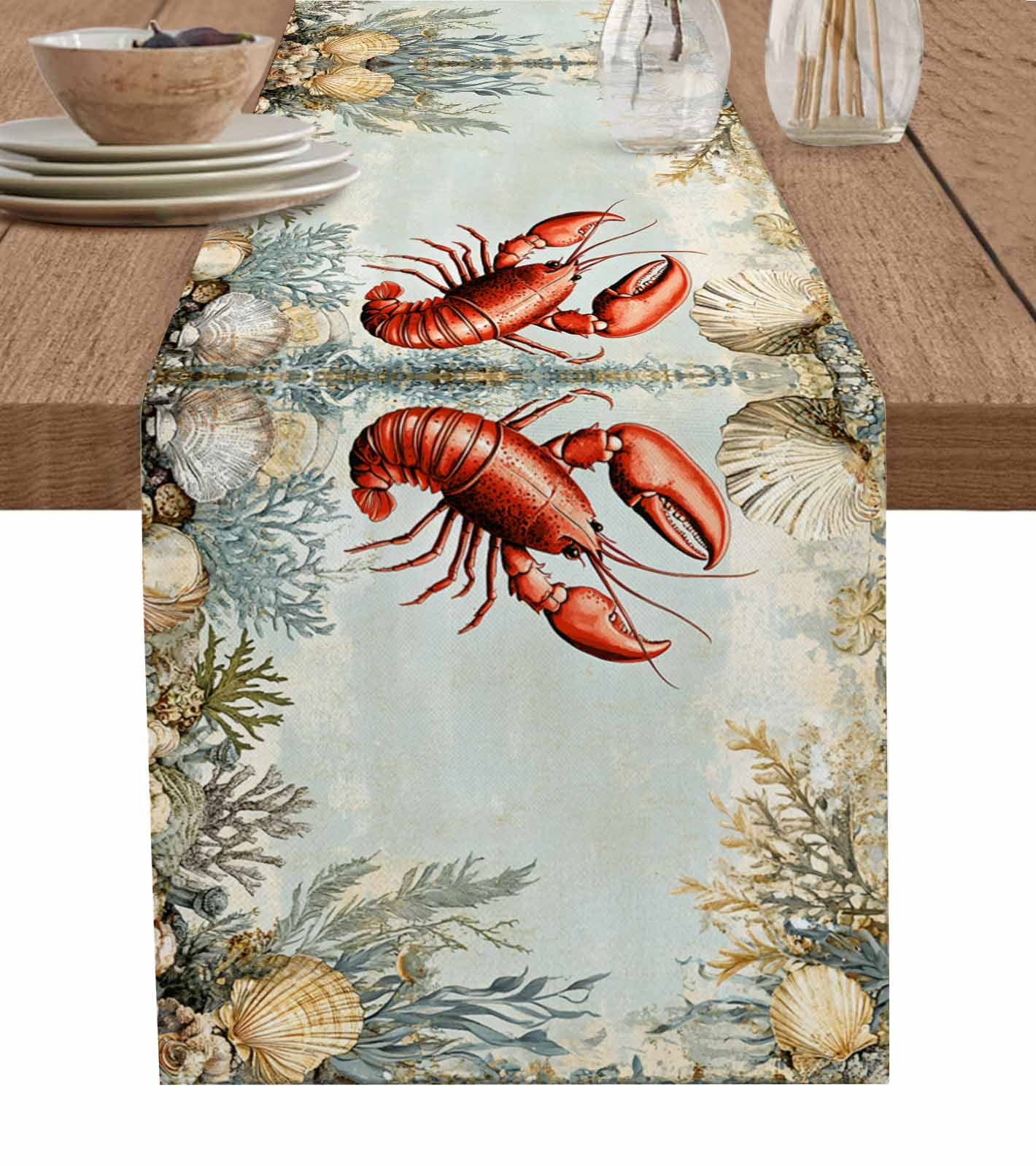 Table Runner Ocean Lobster Shell Coral Retro Coastal Marine Life Table ...
