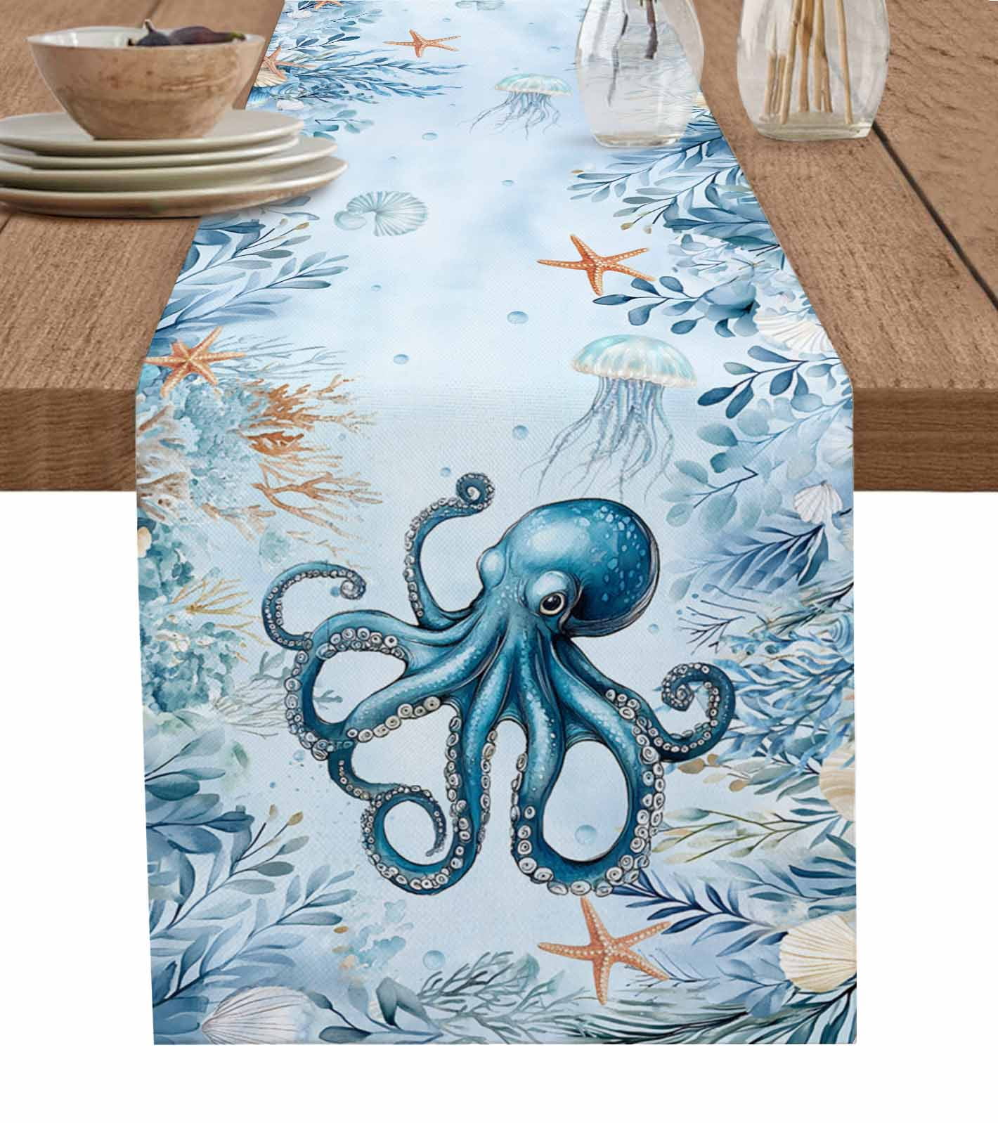 Table Runner Octopus Coastal Eucalyptus Leaf Jellyfish Turtle Blue ...