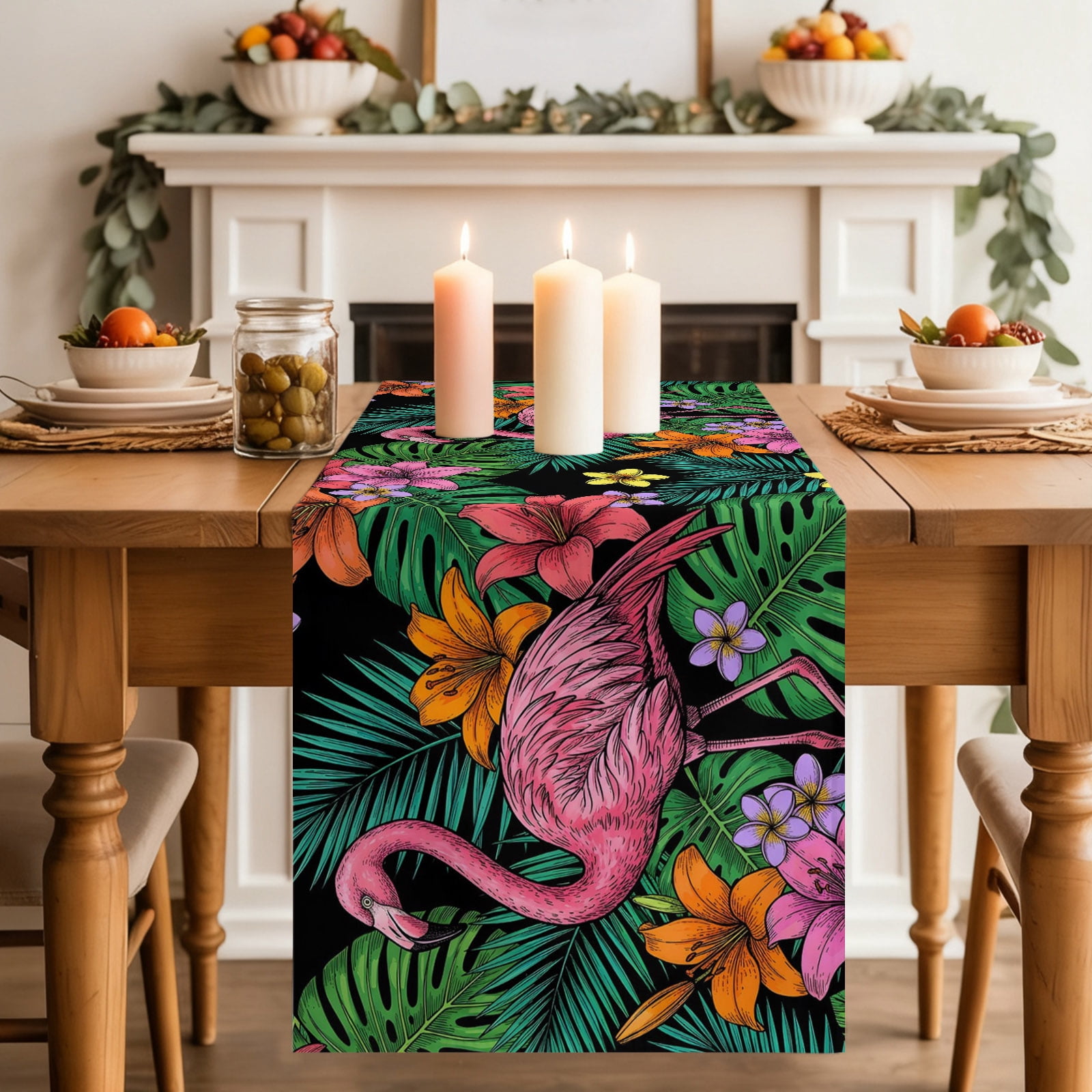 Table Runner Pink Flamingos Tropical Leaf Dresser Scarves 13x70 Inch ...