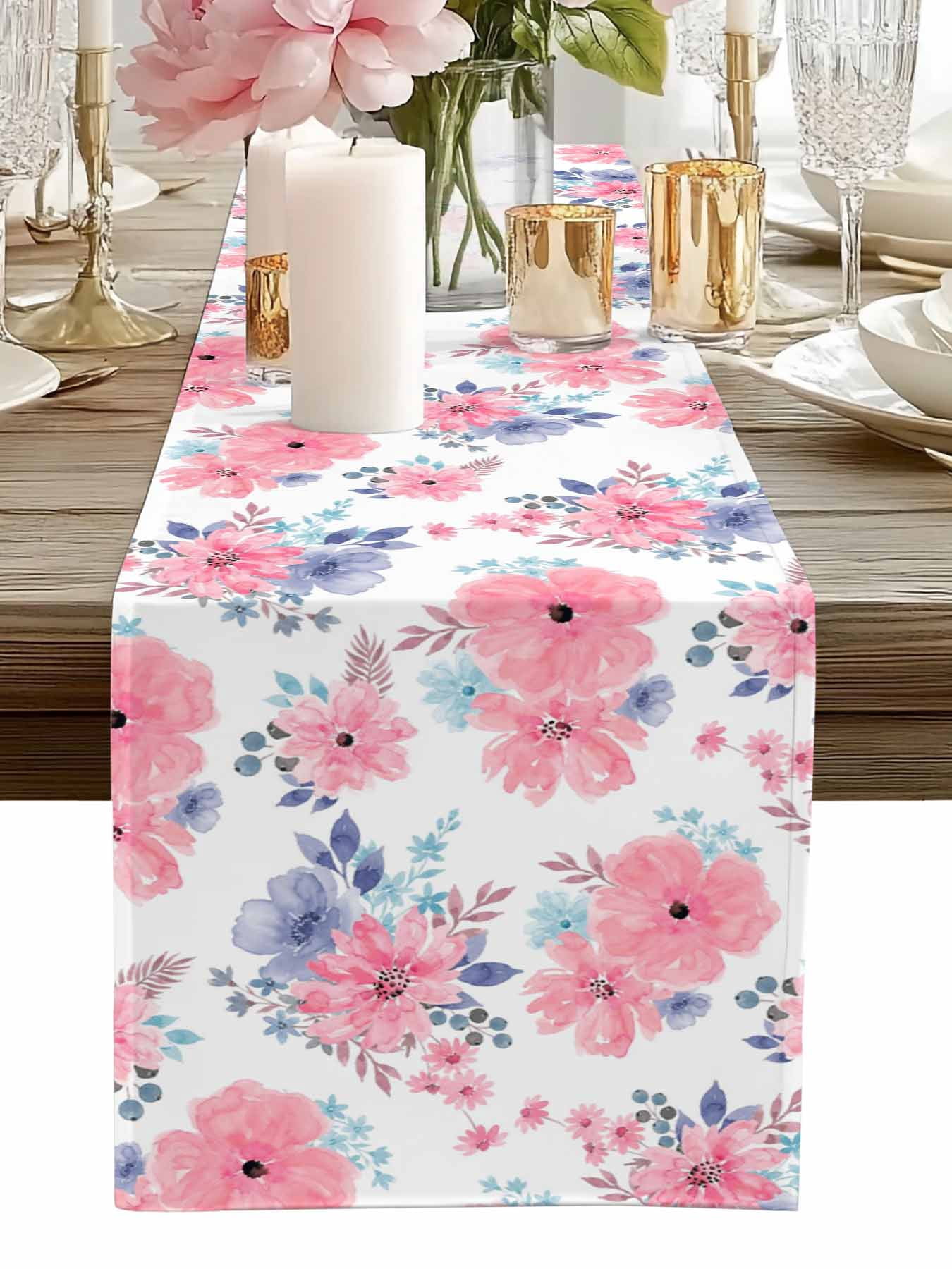 Table Runner Pink Watercolor Floral Table Runners Spring Flower Leaves ...