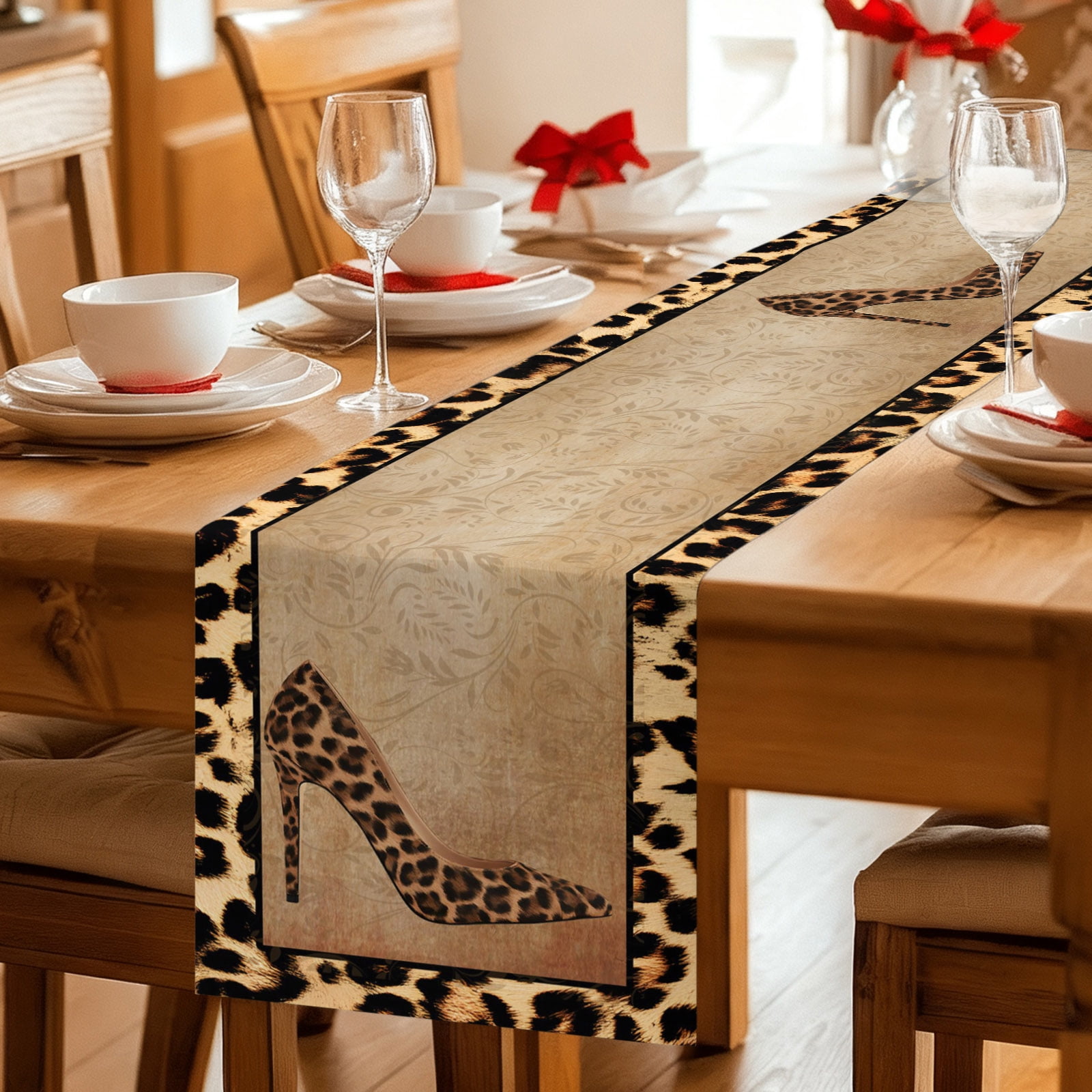 Table Runner Retro Leopard Shoes Theme Dresser Scarves 13x36 Inch,Linen ...