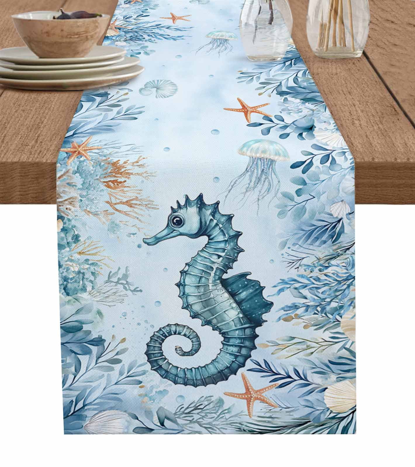 Table Runner Sea Horse Coastal Eucalyptus Leaf Jellyfish Turtle Blue ...