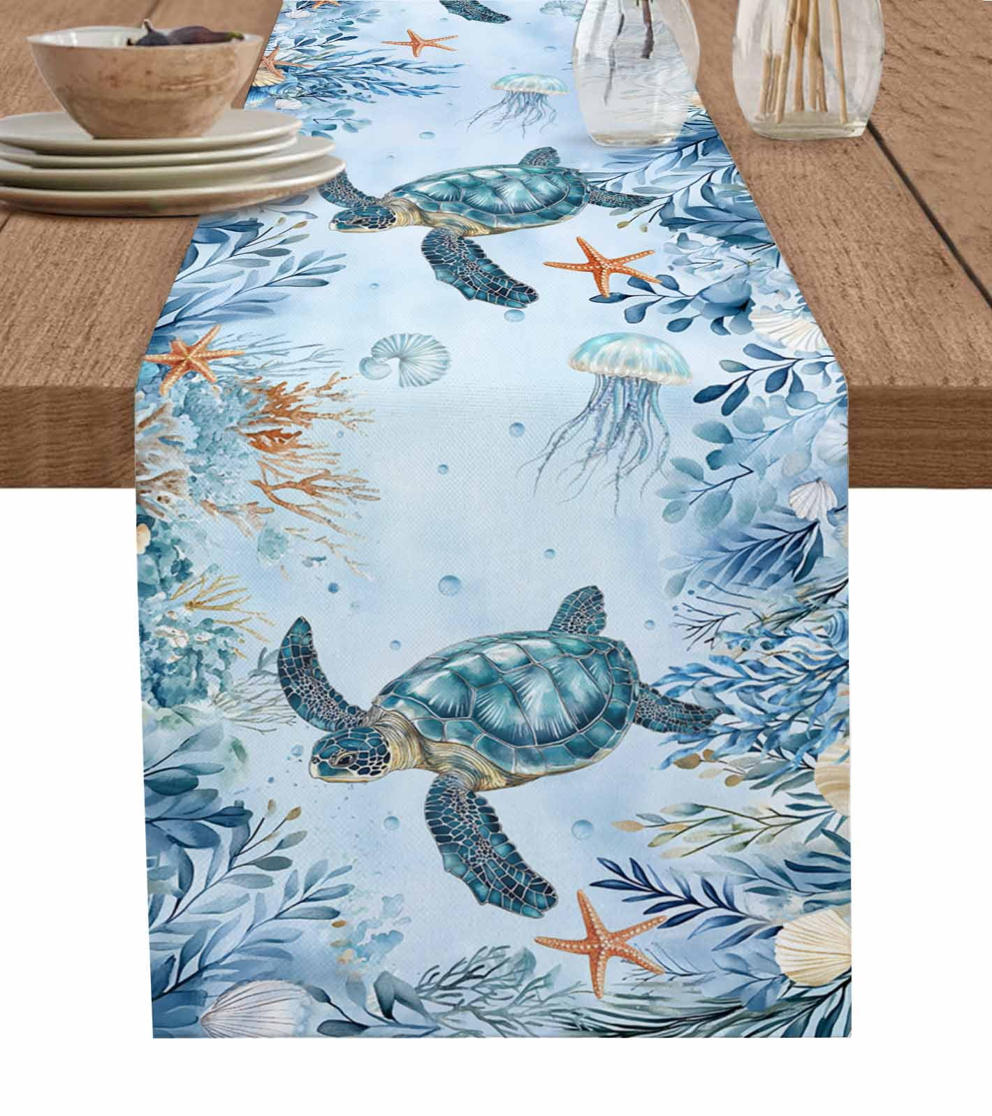Table Runner Sea Turtle Coastal Eucalyptus Leaf Jellyfish Blue Marine ...