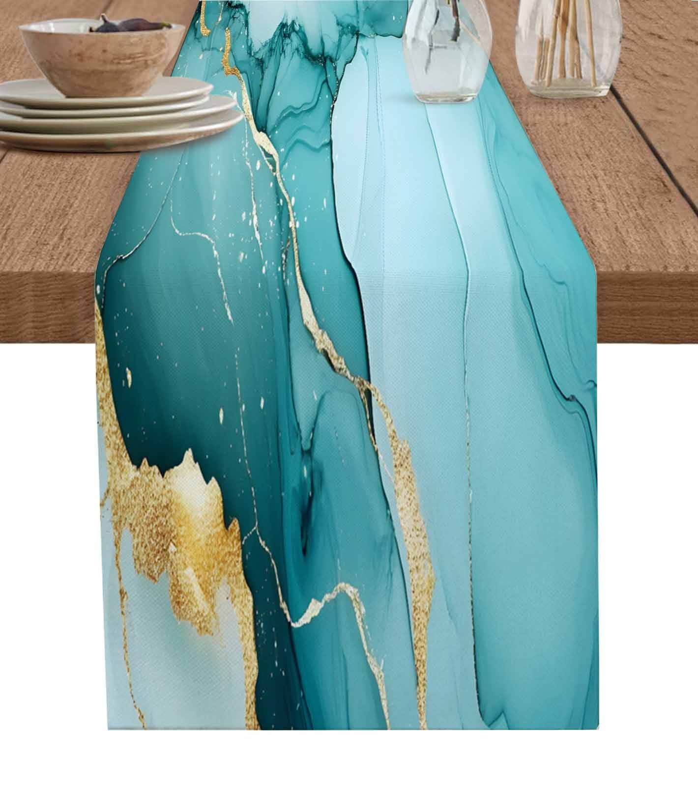 Table Runner Teal Green Marble Table Decoration for Kitchen Dinning Gold Modern Art Table ...