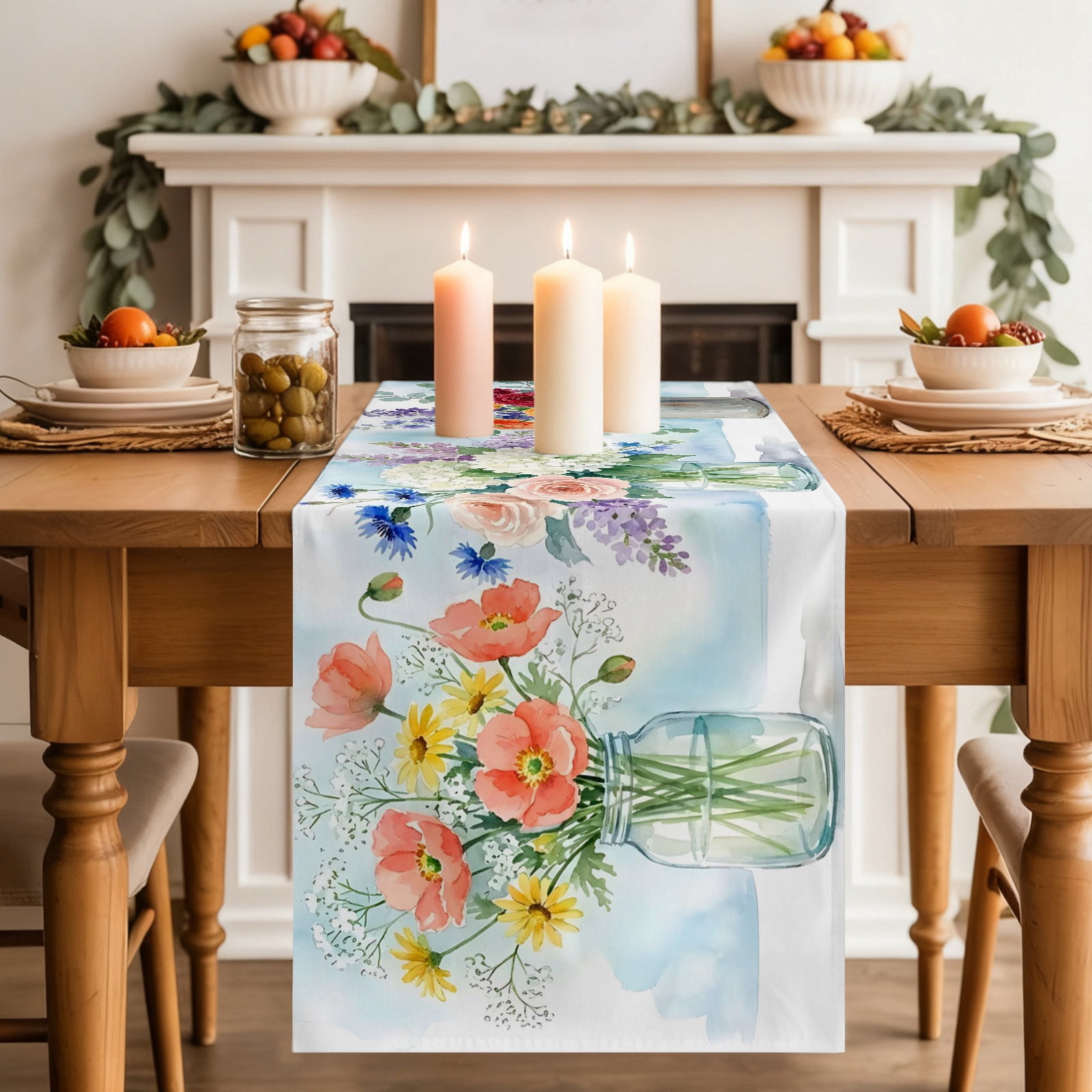 Table Runner Watercolor Spring Flower Bouquet Dresser Scarves 13x70 ...