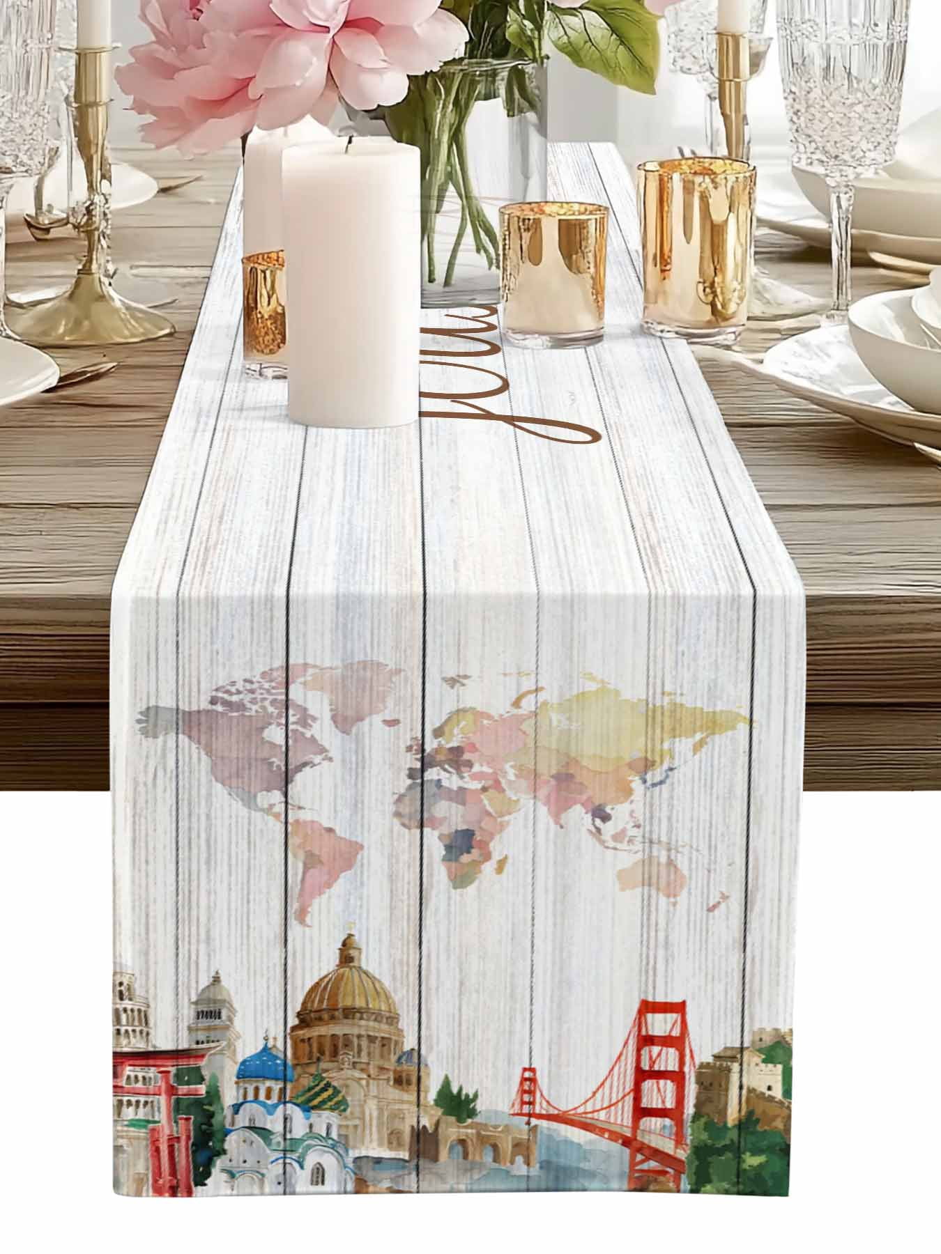 Table Runner World Map Table Runners Famous Building Tourism Bridge ...